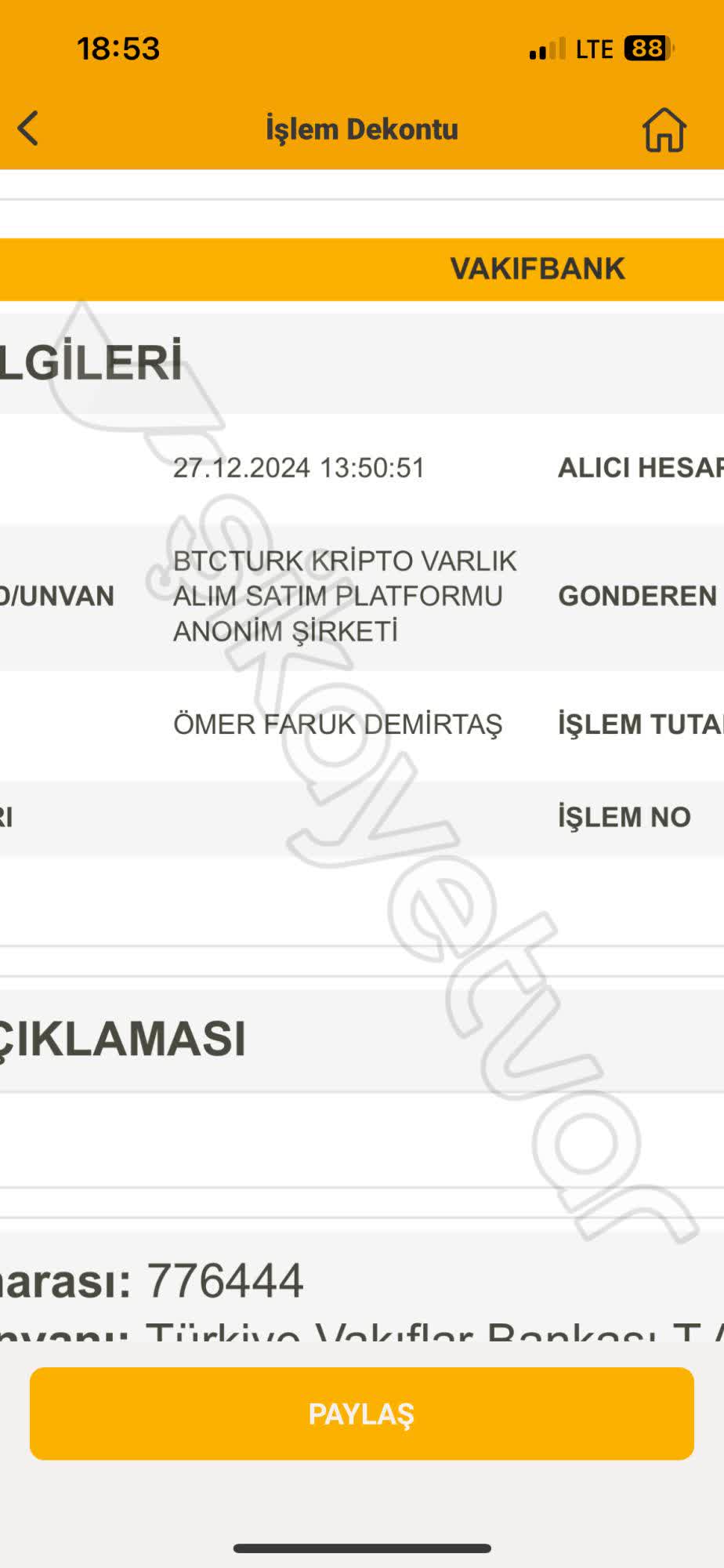 BTCTURK BTC Türk Hesabına Geçmeyen Para Transferi Sorunu - Şikayetvar