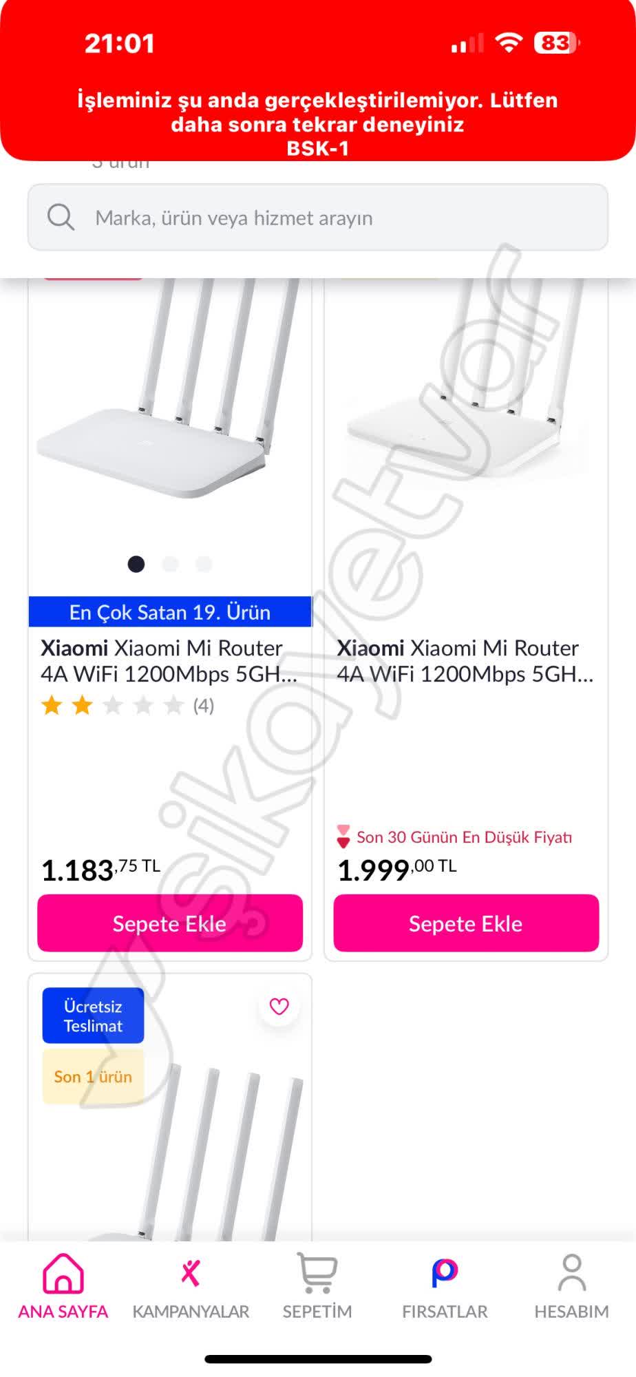 Pazarama Sürekli BSK-1 Hatası İle Sipariş Verememe Sorunu - Şikayetvar