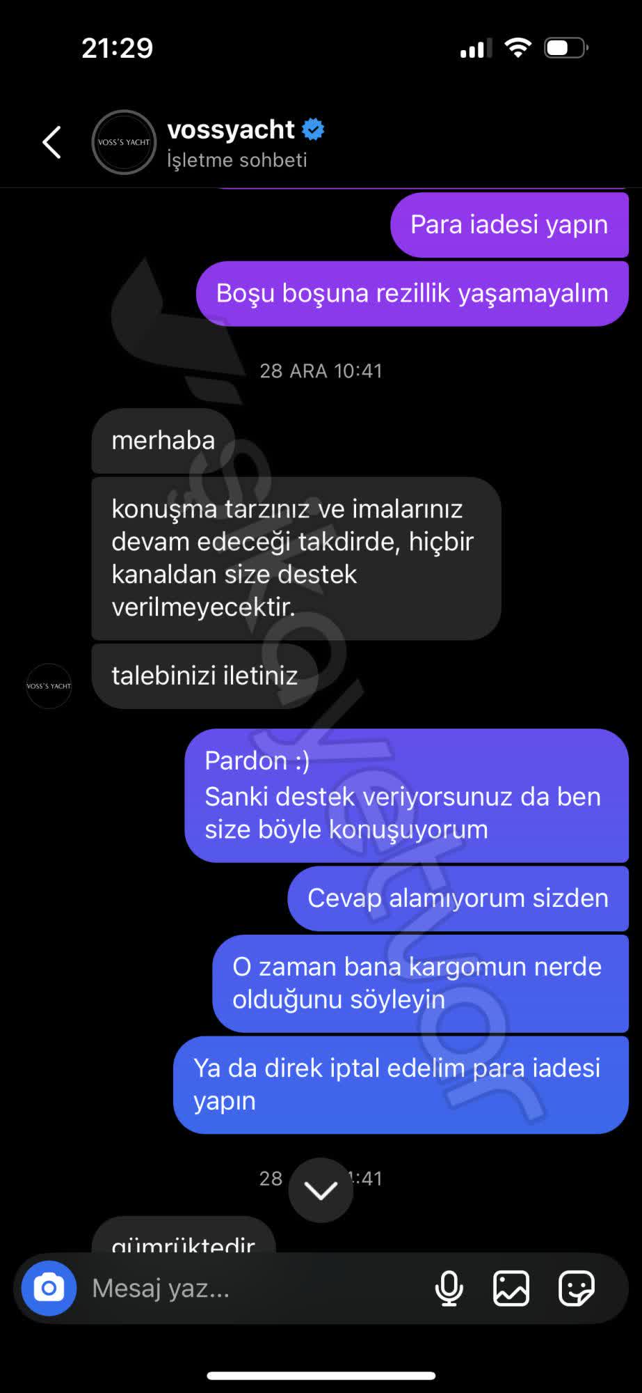 Voss Yacht Hızlı Kargo Ücreti Ödedim Ama Cevap Alamıyorum - Şikayetvar