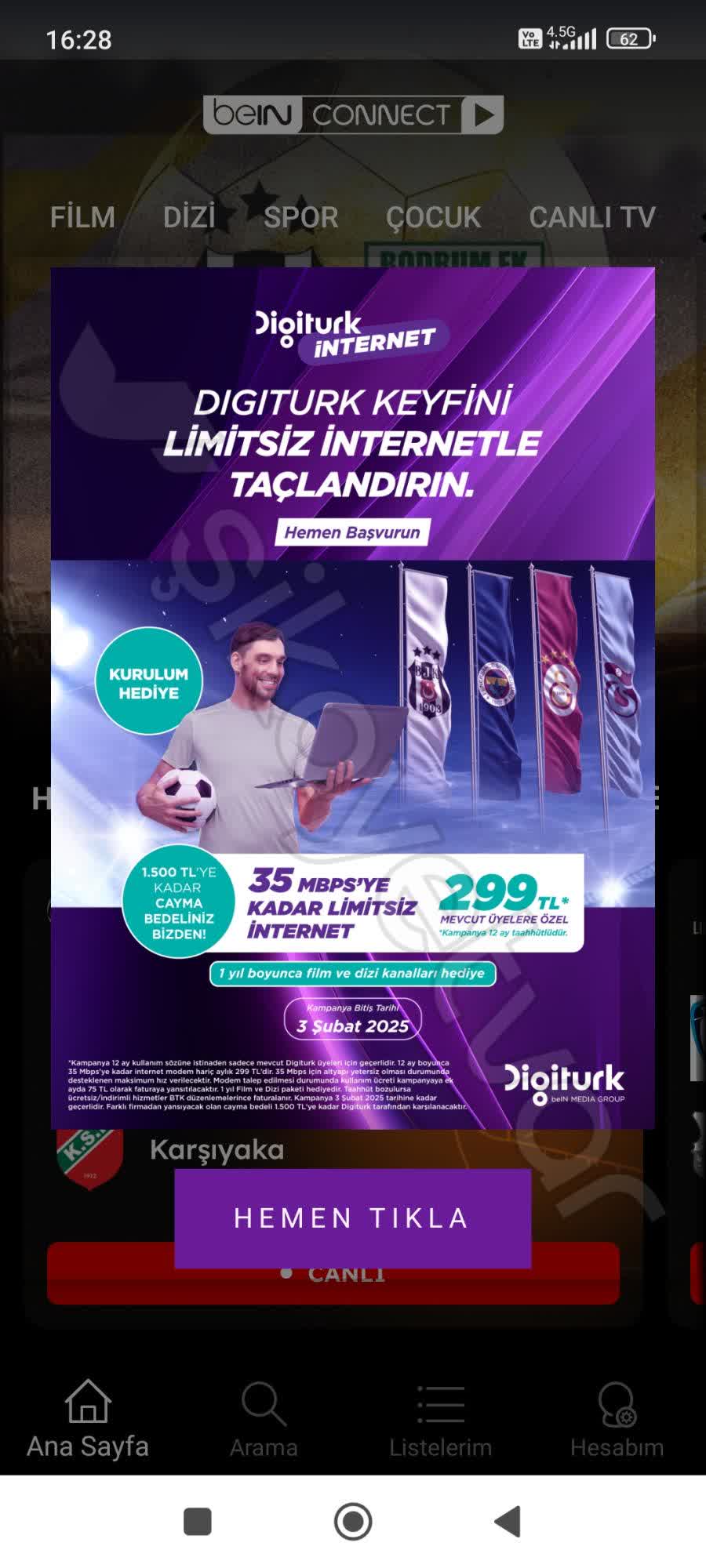 Digiturk Bein Connect Uygulamasında Kapanmayan Reklam Sorunu - Şikayetvar
