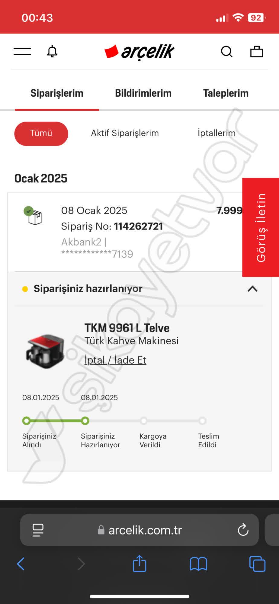 Arçelik Telve Makinesi Siparişi Teslim Edilmiyor - Şikayetvar