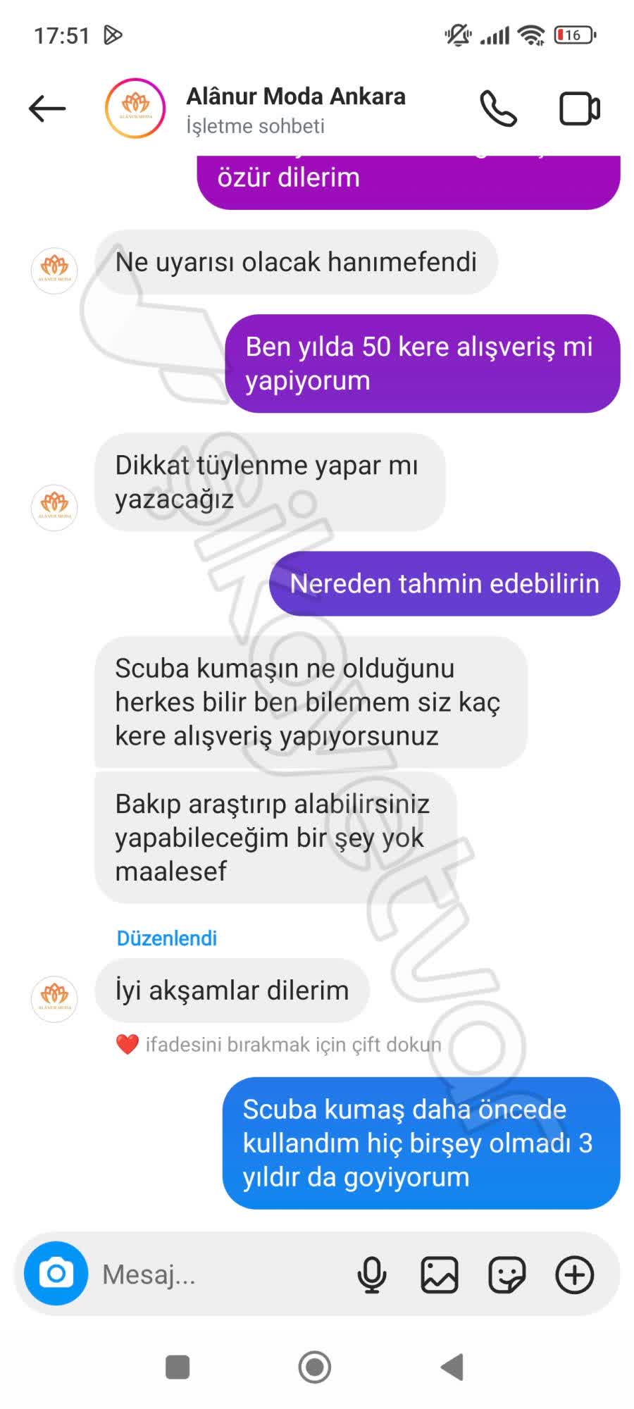 Alanur Moda Kalitesiz Kumaş Ve Yetersiz Müşteri Hizmeti - Şikayetvar