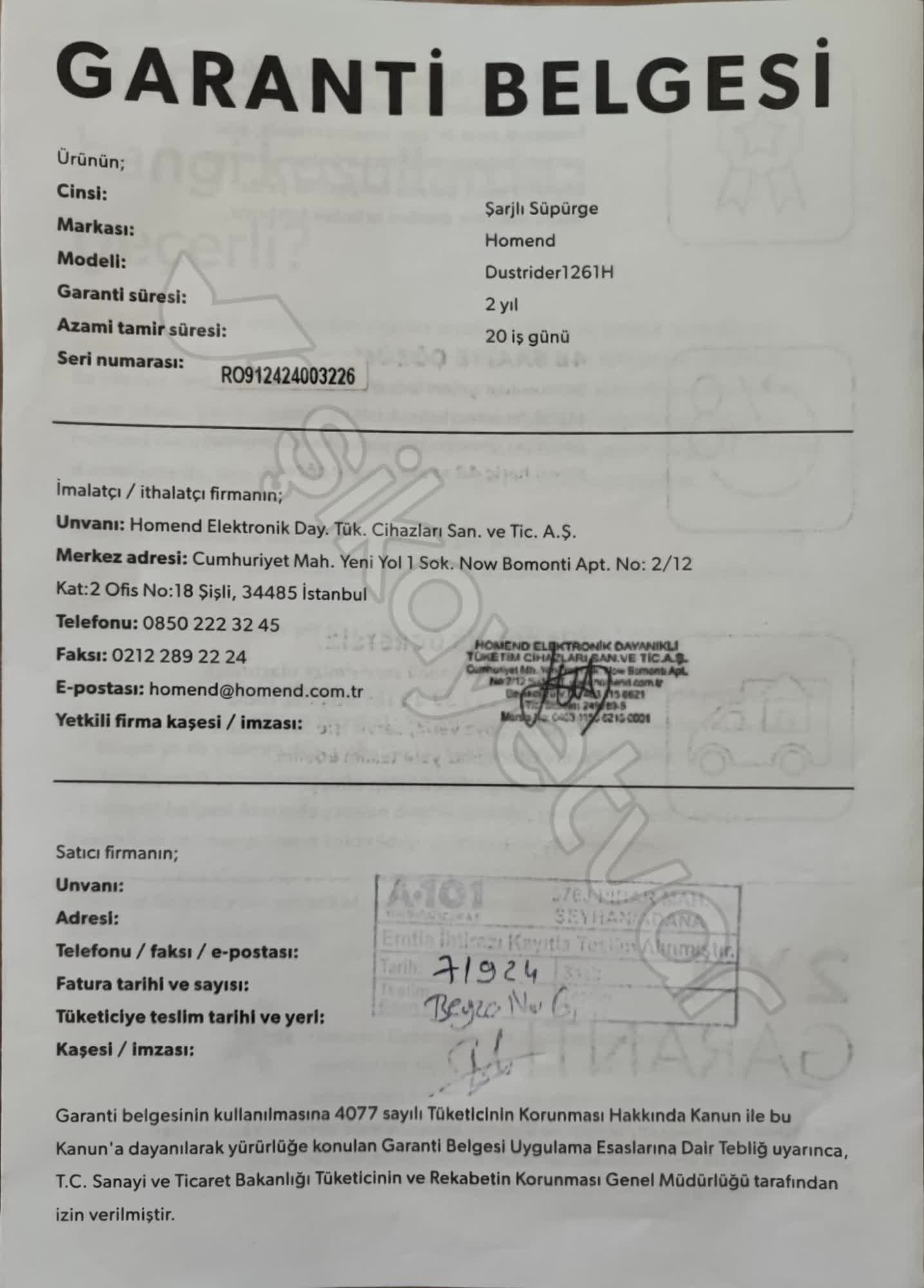 A101 Garanti Belgesi Ve Müşteri Hizmeti Sorunu - Şikayetvar