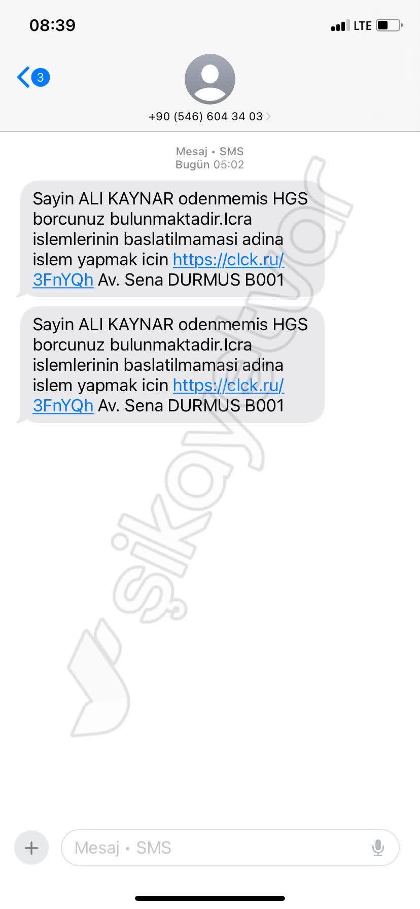 HGS Borcu Olmayan Kişiye Gelen Sahte İcra Mesajı - Şikayetvar
