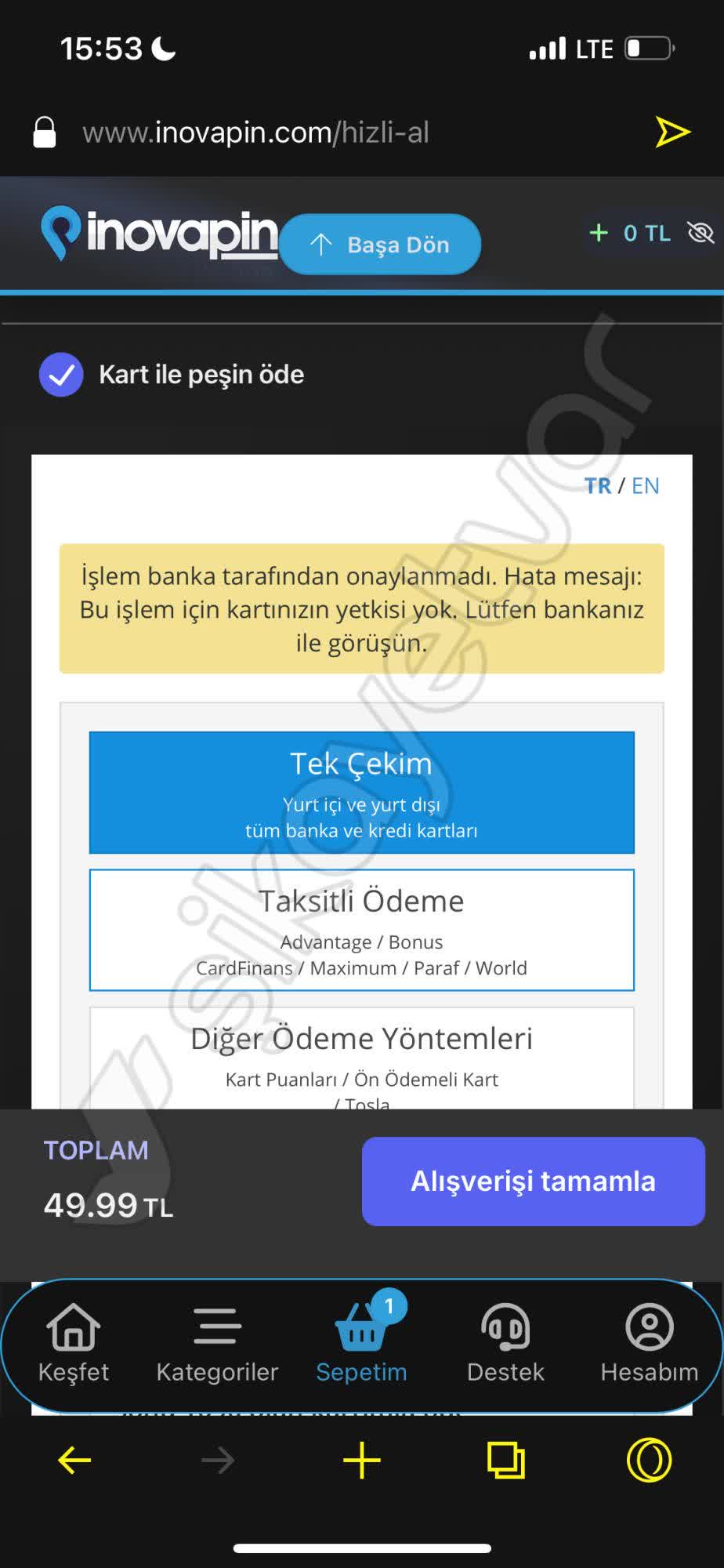 İninal Kart İle Oyun İçi Para Satın Alma Sorunu - Şikayetvar