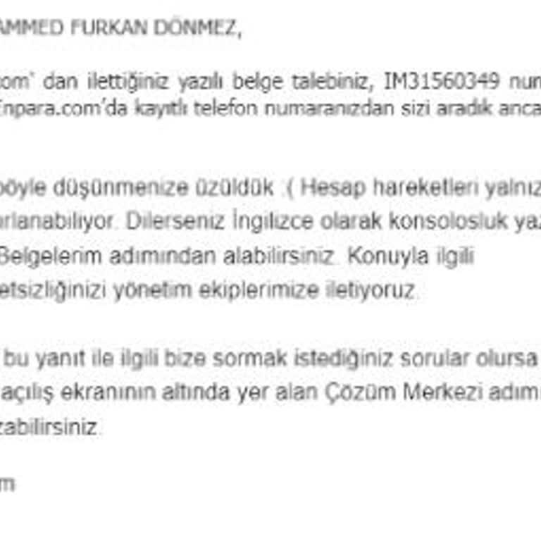Enpara İngilizce Hesap Dökümü Alamama Sorunu - Şikayetvar