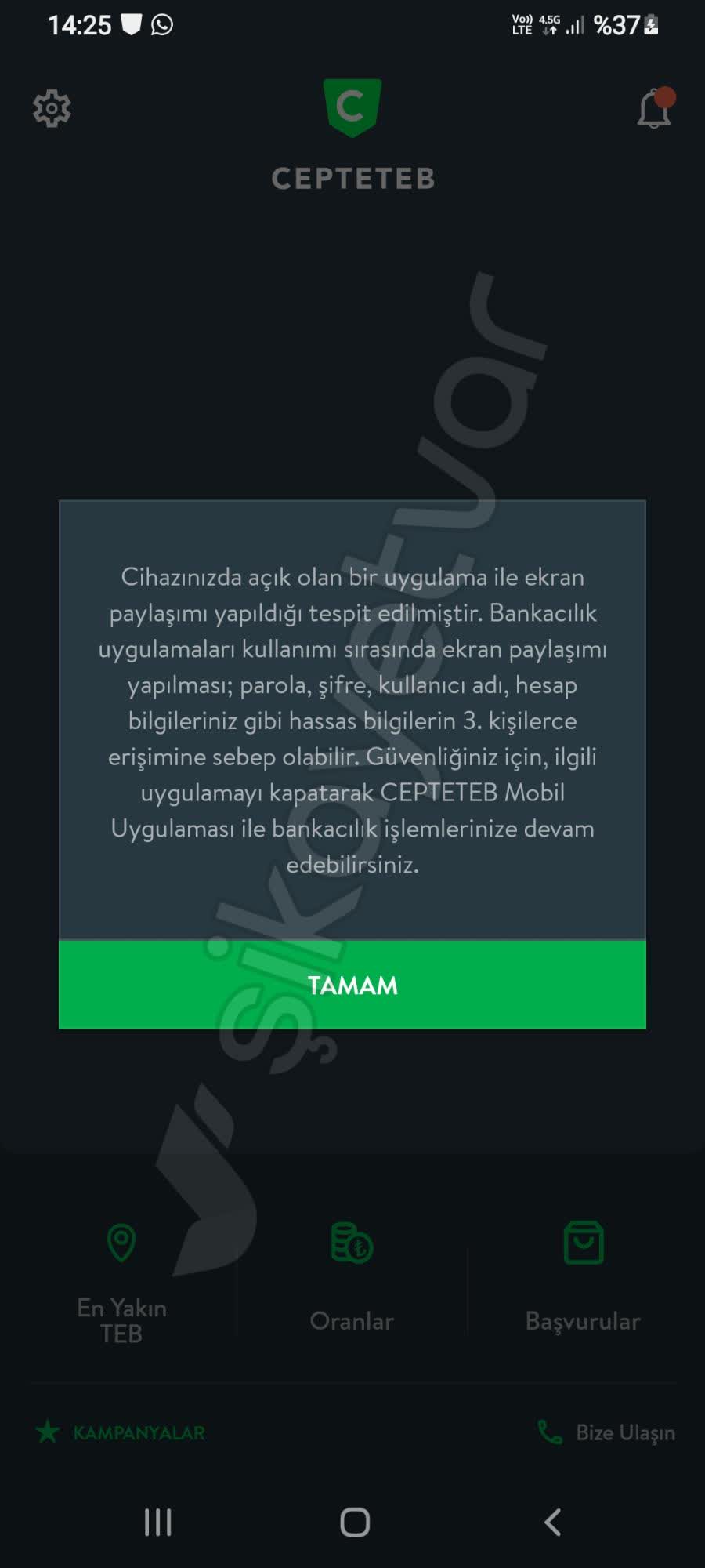 TEB CepteTeb Uygulamasında Ekran Paylaşımı Sorunu - Şikayetvar