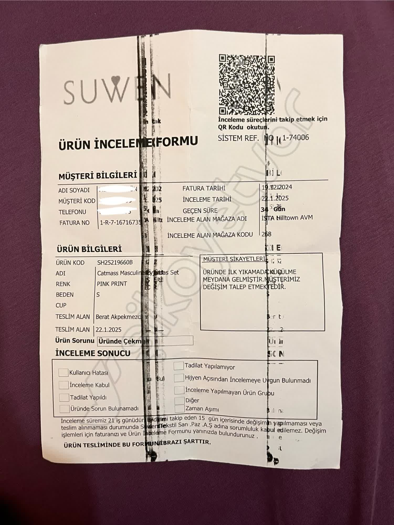 Suwen Pijamalarında Şaşırtıcı Küçülme Ve İade Sorunu - Şikayetvar