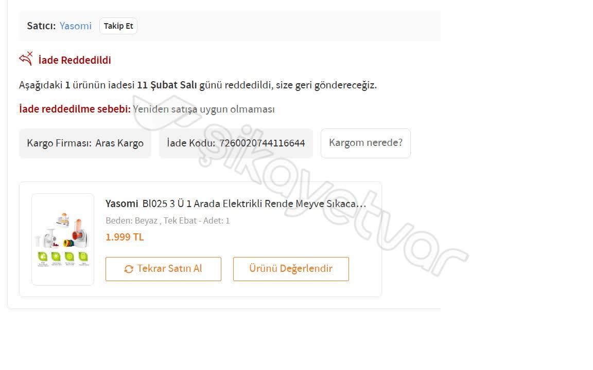 Trendyol Yasomi'den Aldığım Rende Makinesi İadesi Reddedildi - Şikayetvar