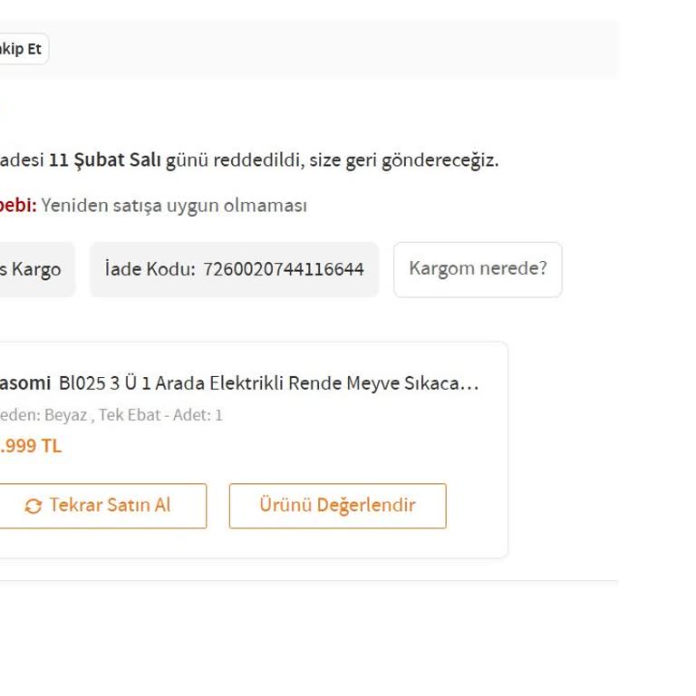 Trendyol Yasomi'den Aldığım Rende Makinesi İadesi Reddedildi - Şikayetvar