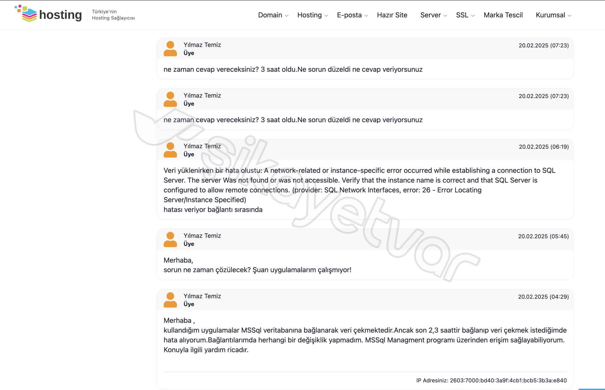Hosting.com.tr Destek Taleplerine Yanıt Vermeyen Hosting Hizmeti - Şikayetvar