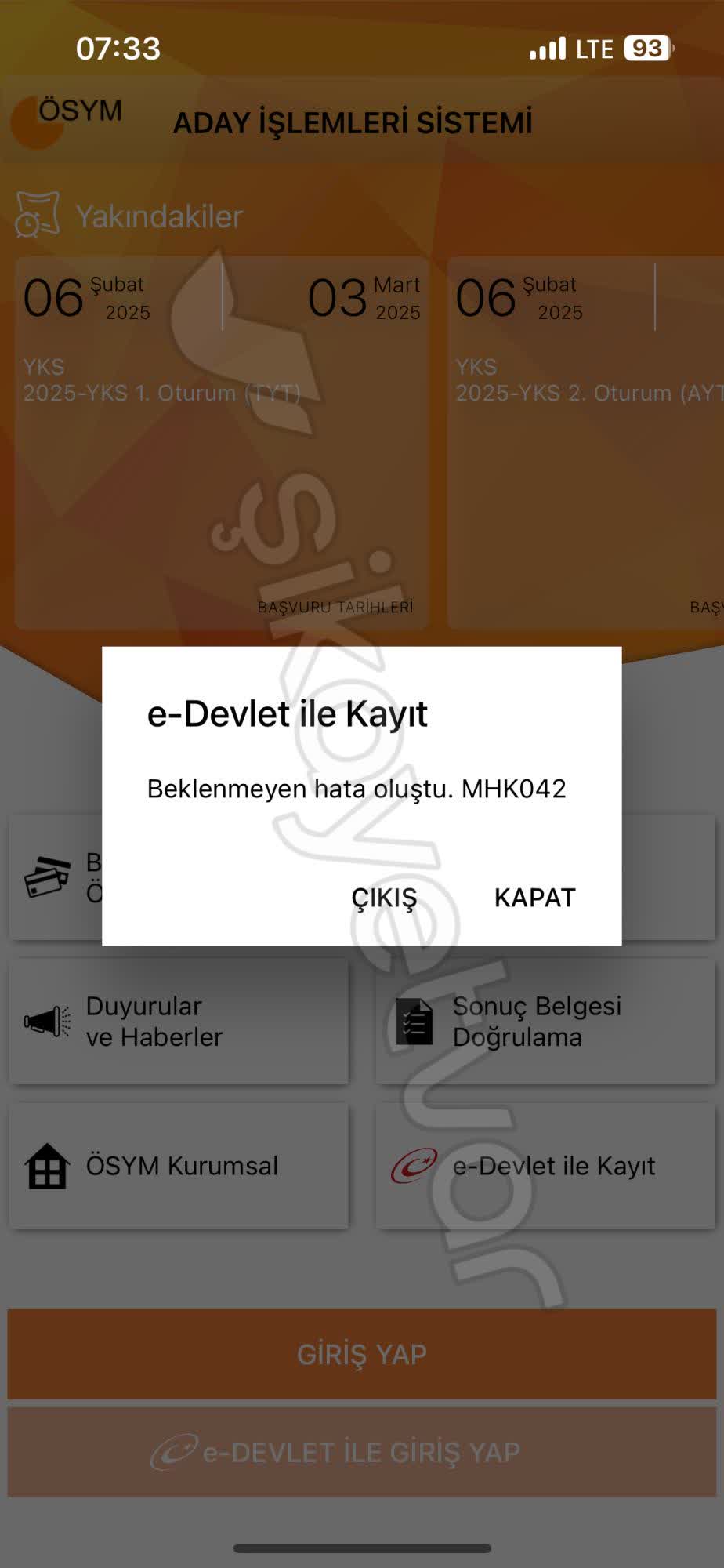 ÖSYM Başvuru Sürecinde E-Devlet Hatası - Şikayetvar