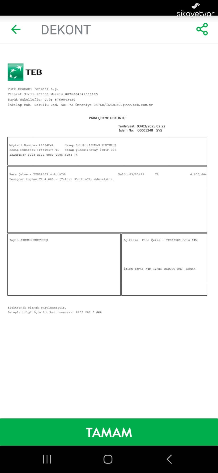 TEB ATM'den Para Çekme Sorunu Ve Yetersiz Müşteri Hizmeti - Şikayetvar