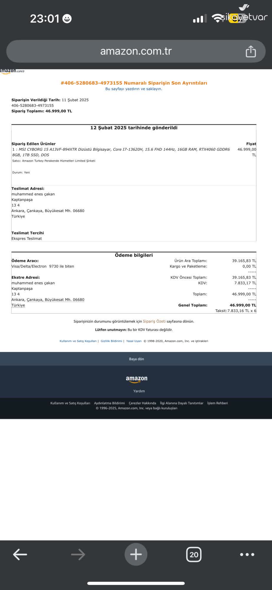 Amazon'dan Aldığım Ürünün Faturası Hâlâ Gelmedi - Şikayetvar