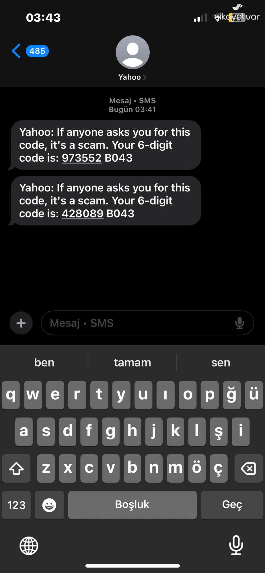 Yahoo'dan Gelen Yanıltıcı Doğrulama Kodları - Şikayetvar