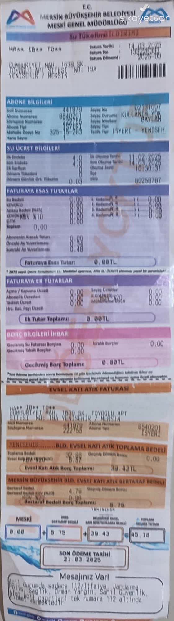 MESKİ Kullanılmayan Su İçin Sabit Fatura Ücreti Haksızlığı - Şikayetvar