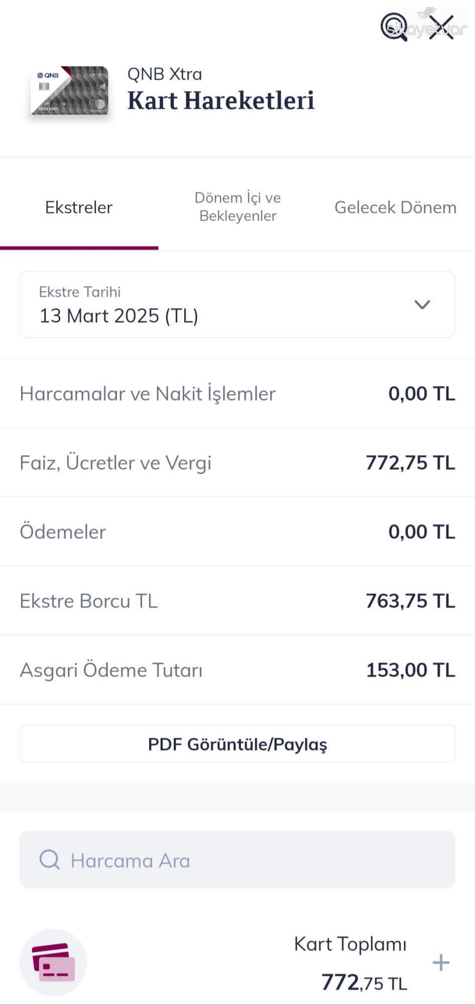 QNB Türkiye QNB CardFinans Xtra Kart Aidat Ücreti İadesi Talebi - Şikayetvar