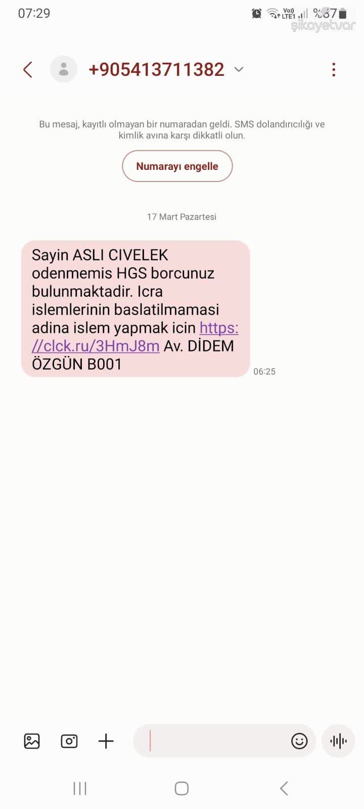 Karayolları Genel Müdürlüğü HGS Borcu Yokken Gelen SMS Ve Panik Anları - Şikayetvar