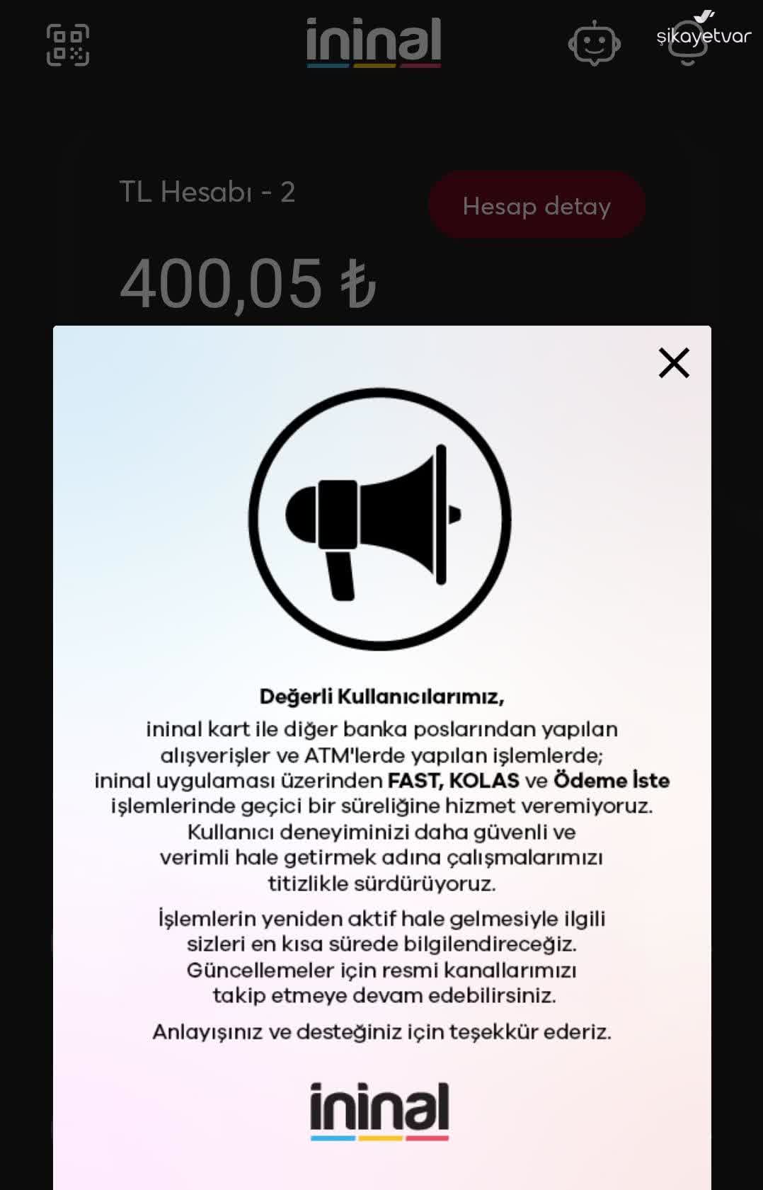 İninal Kart İninal Kartta Para Var Ama Kullanamıyorum - Şikayetvar