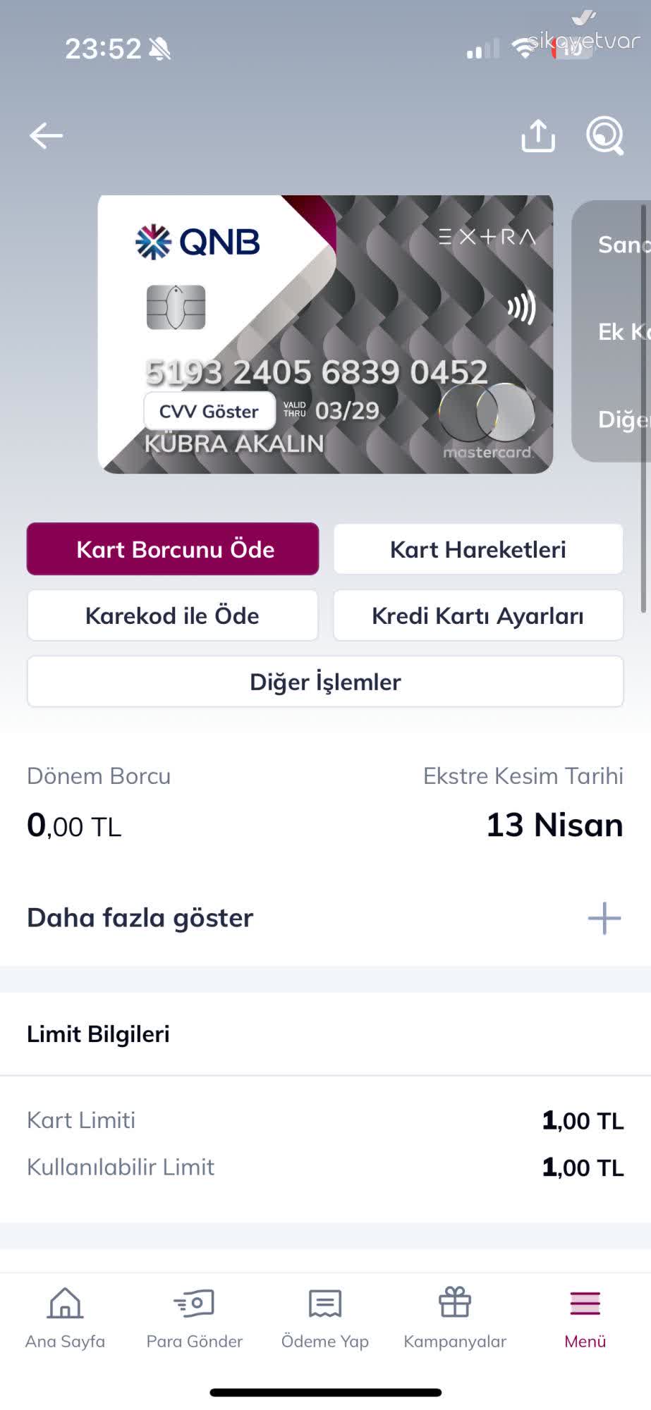 QNB Türkiye QNB Finansbank'ın 1 TL Limitli Kartı Hayal Kırıklığı Yarattı - Şikayetvar
