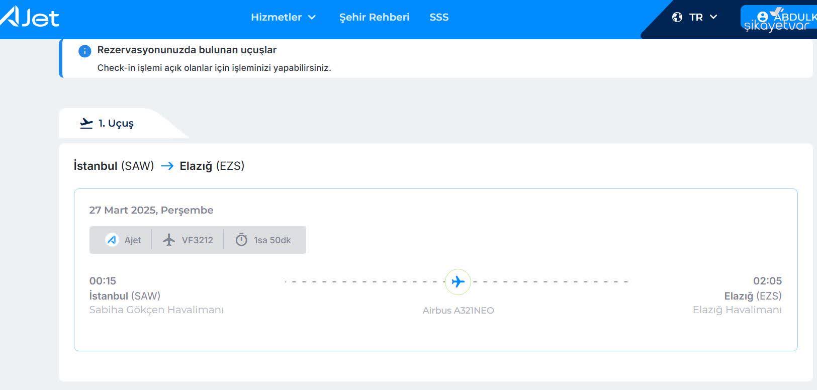 AJet Online Check-in Kabusu Ve İlgisiz Müşteri Hizmetleri - Şikayetvar