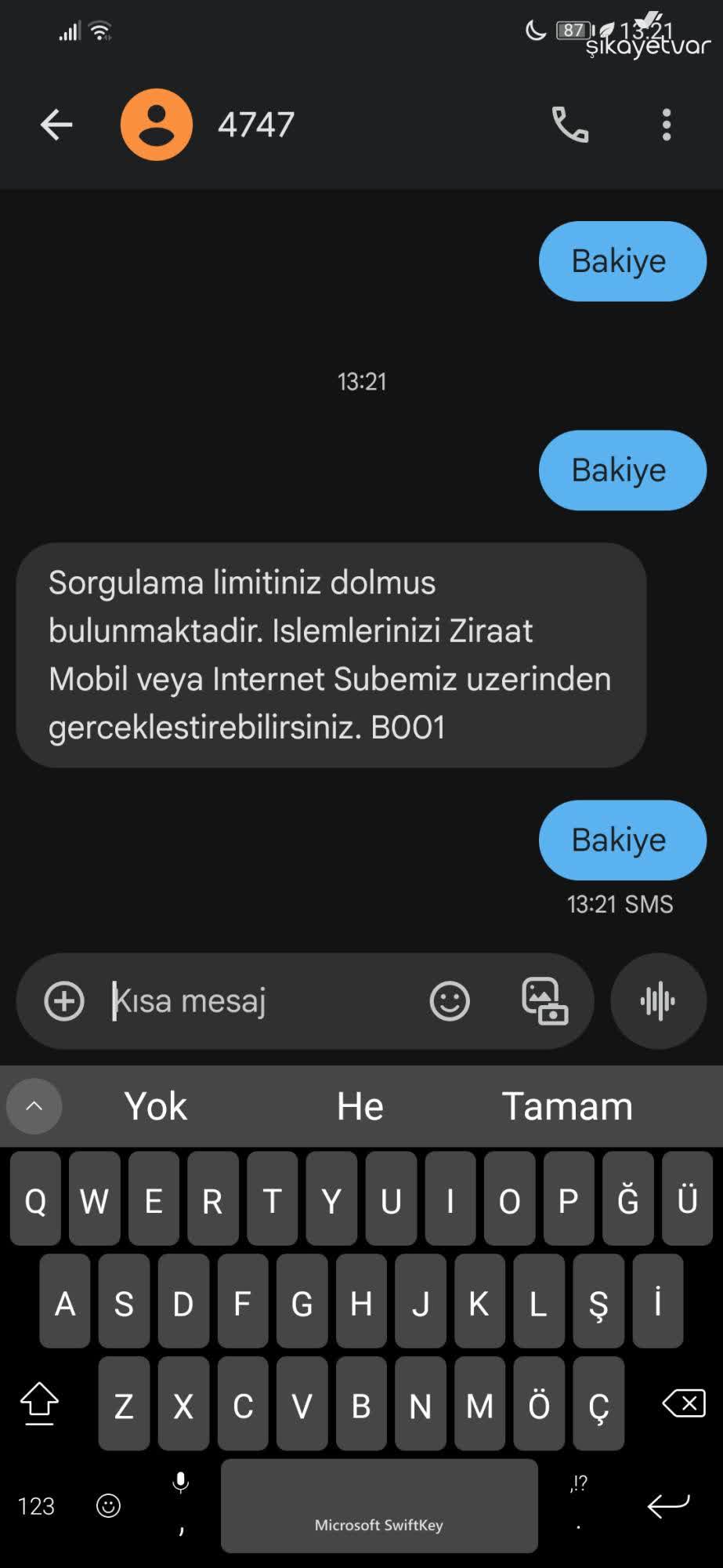 Ziraat Bankası Bakiye Sorgulama Limiti Sorunu - Şikayetvar