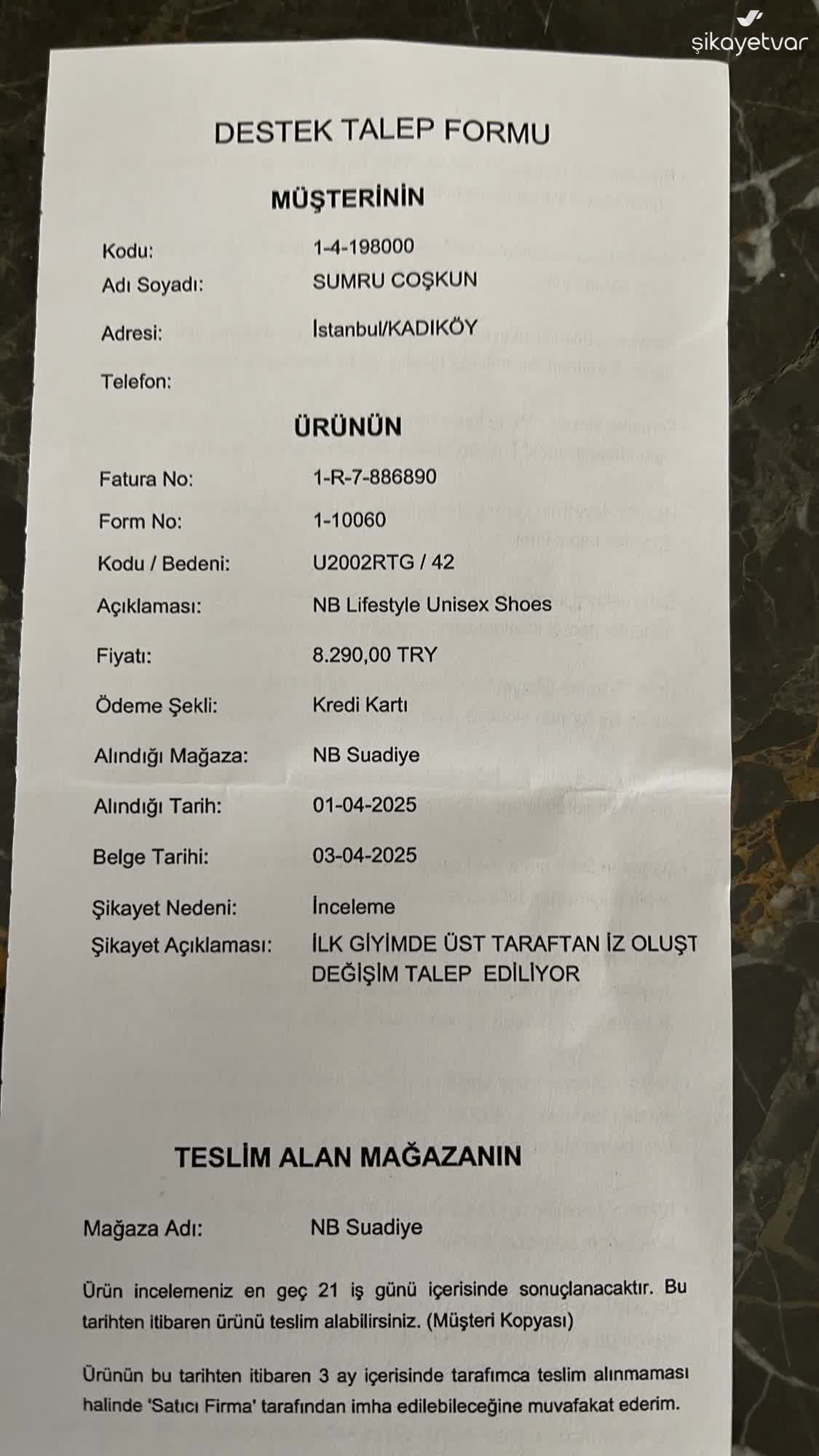 New Balance Sneakers Bir Günde İz Yaptı, Değişim Reddedildi - Şikayetvar