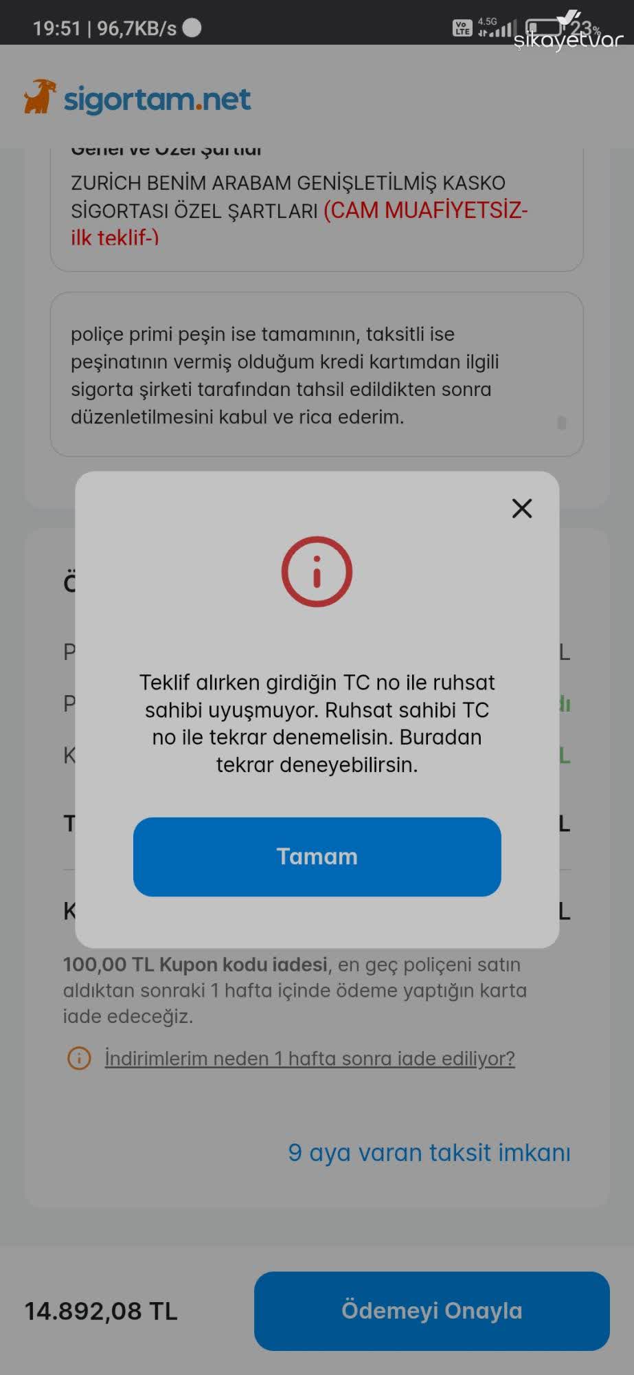 Sigortam.net Kasko Poliçesi İşleminde T.C. Kimlik Numarası Hatası ...