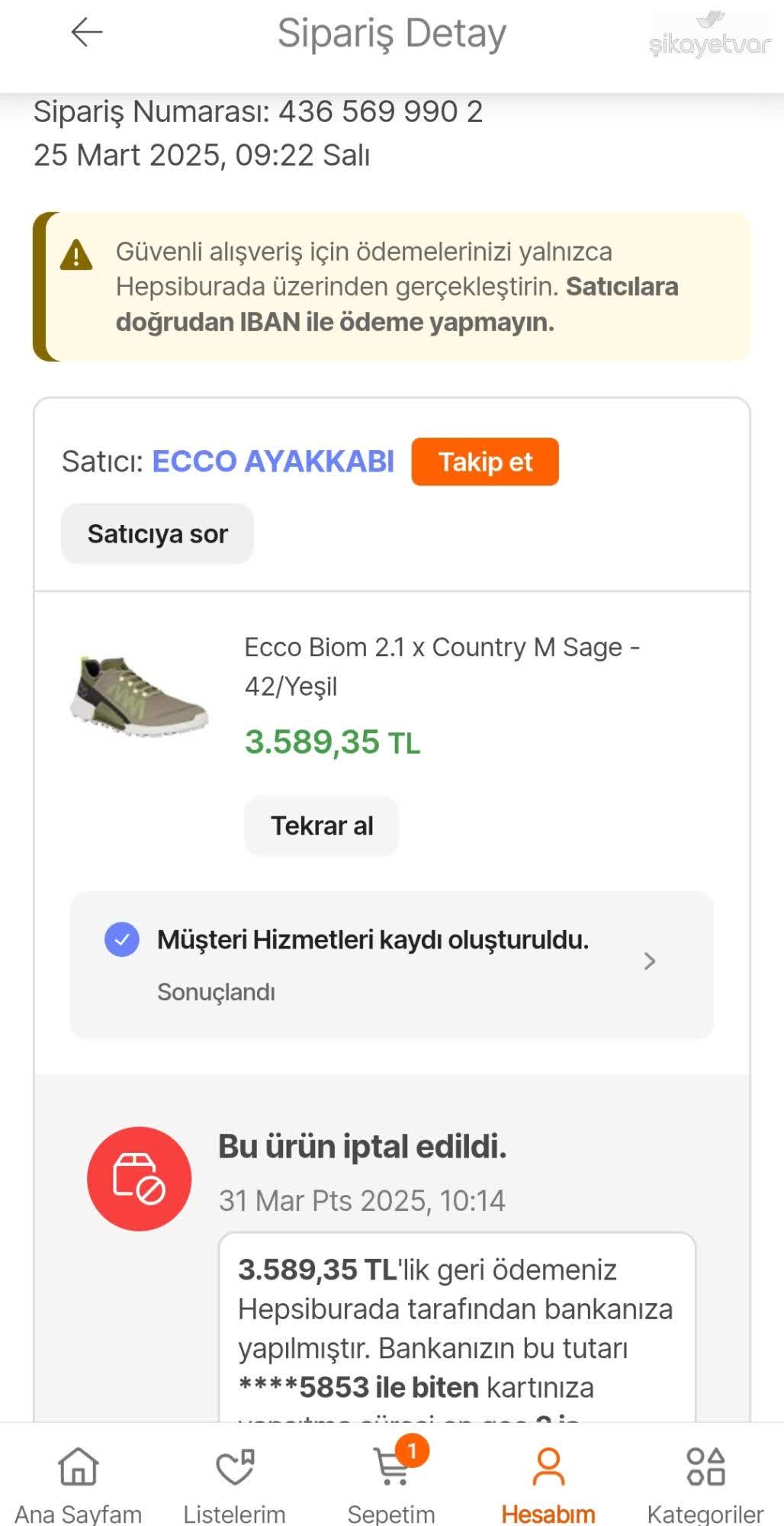 Hepsiburada'da Ayakkabı Siparişi Ve Müşteri Memnuniyetsizliği - Şikayetvar