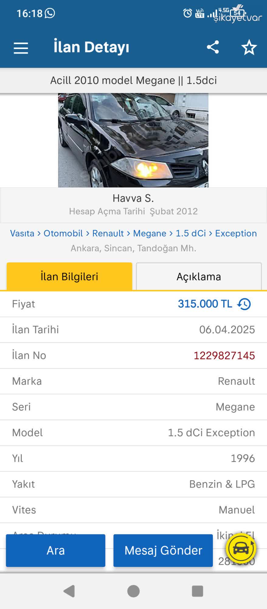 Sahibinden Sahibinden.com'da Yanlış Araç Model Yılı Sorunu - Şikayetvar