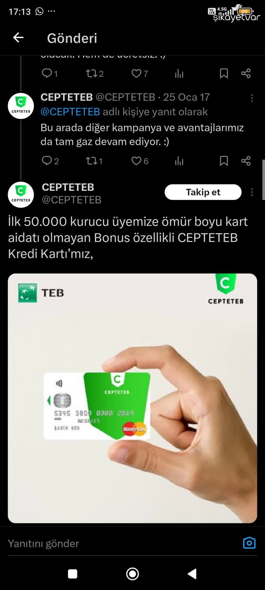 TEB Ömür Boyu Aidatsız Kart Sözüne Rağmen Ücret Talebi! - Şikayetvar