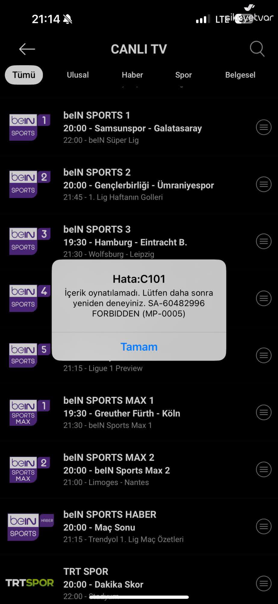 Digiturk Bein Connect Mobil'de C101 Hatası Ve Futbol Kanallarında ...