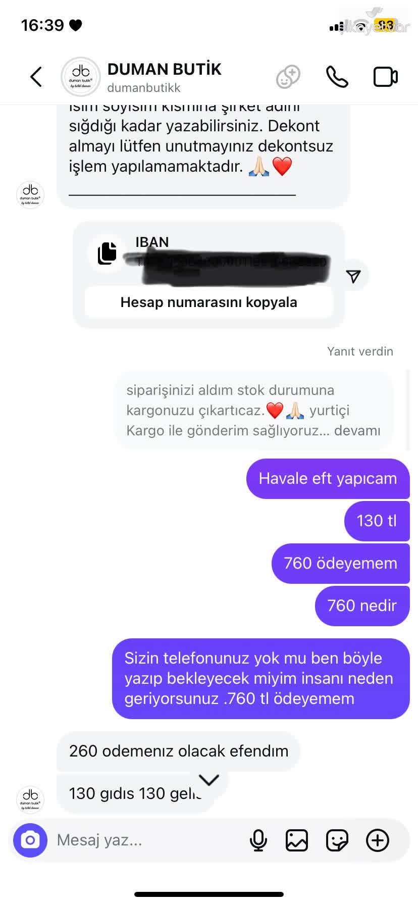 Duman Butik Instagram Alışverişinde Müşteri Memnuniyetsizliği - Şikayetvar