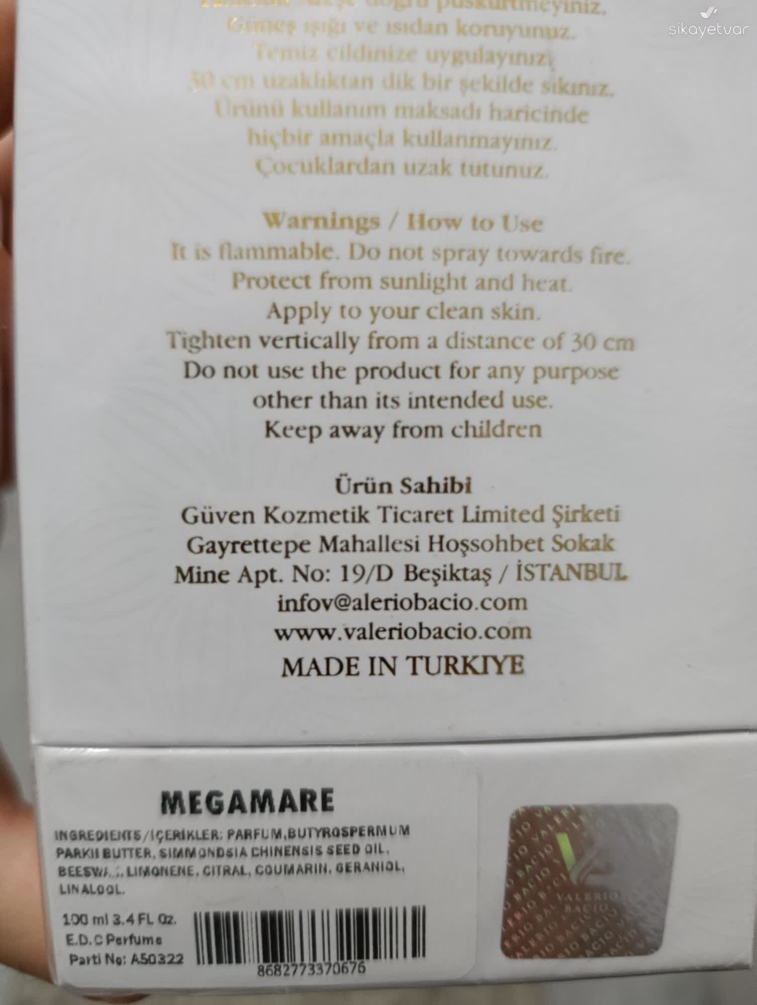 Valeriobacio.com Megamare Parfümünde Kalıcılık Sorunu - Şikayetvar