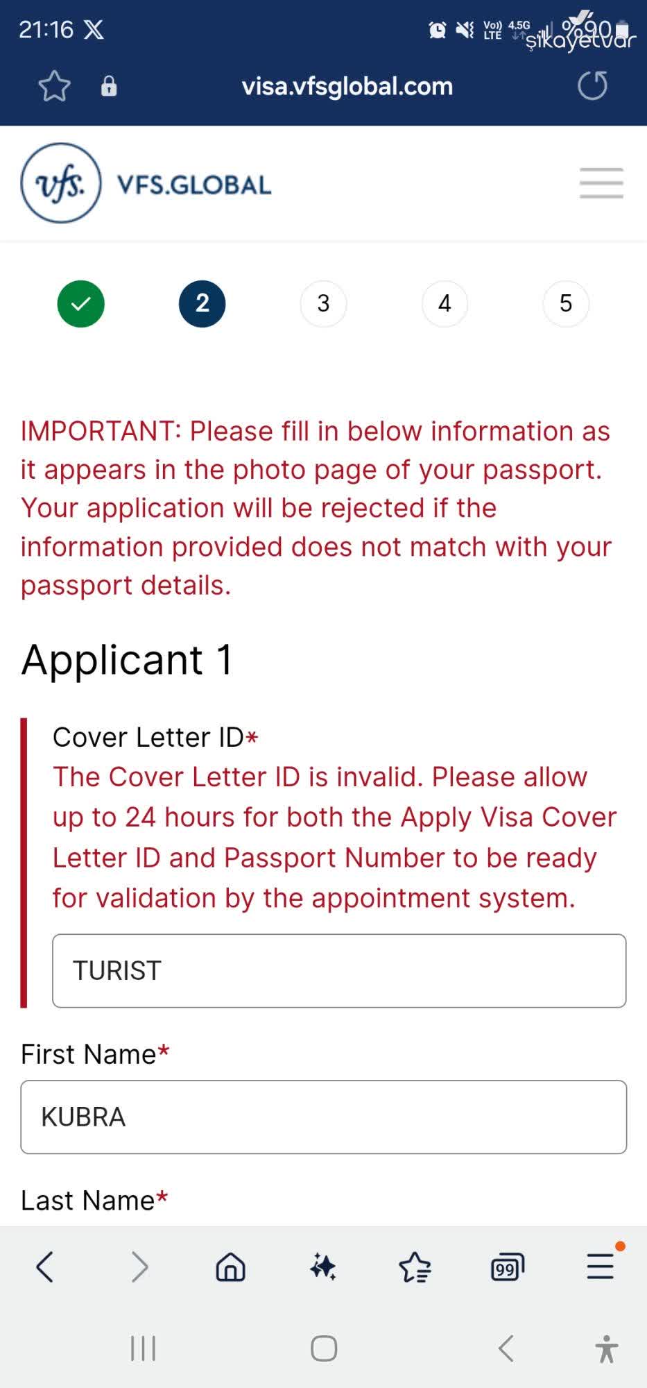 VFS Global'de Cover Letter ID Hatası - Şikayetvar