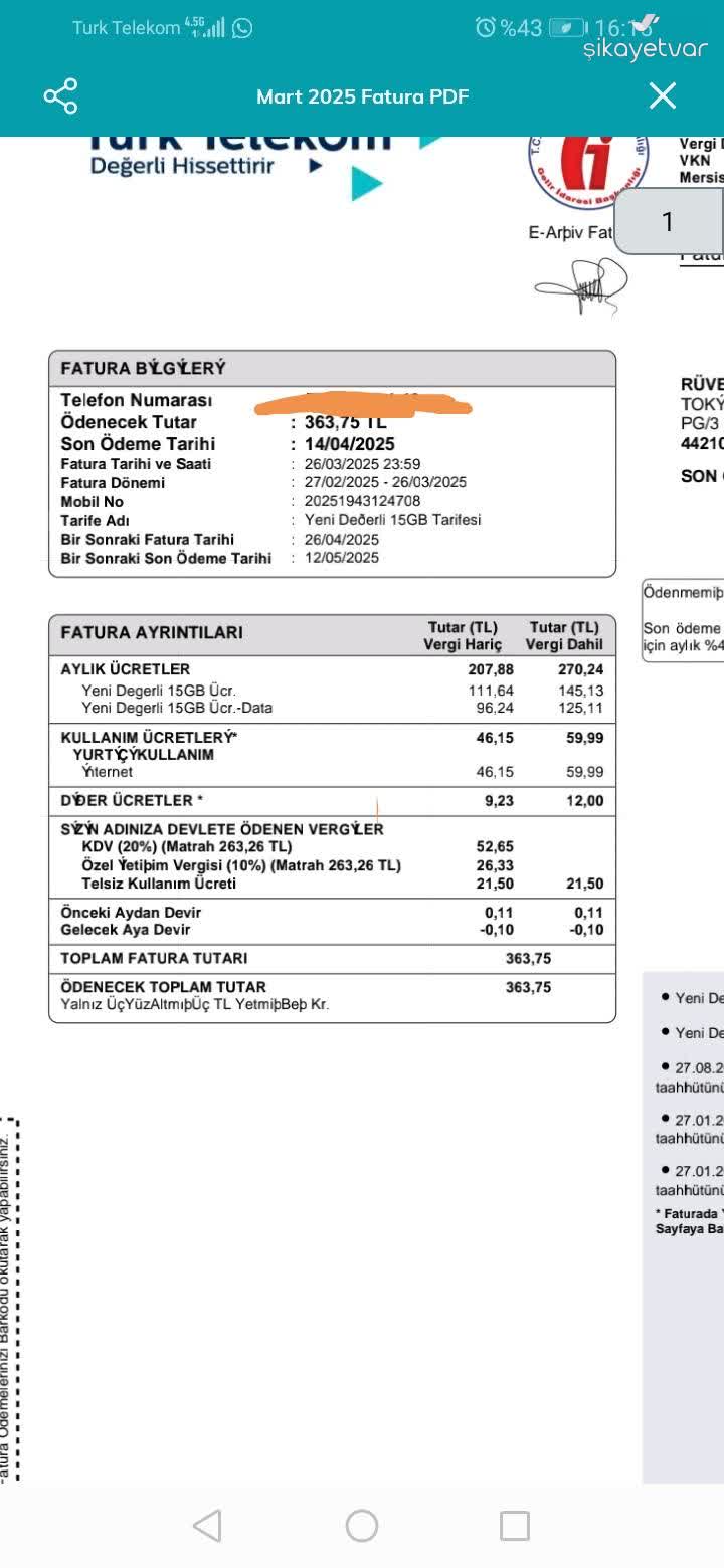 Türk Telekom Fatura Aşımı Olmadan Yüksek Fatura Sorunu - Şikayetvar
