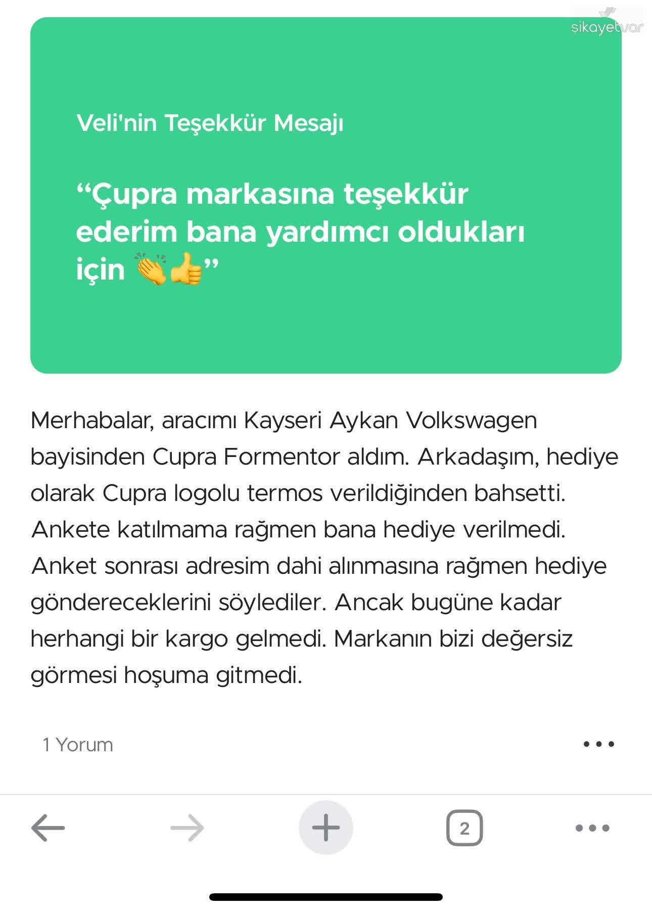 Cupra Hediye Termos Ve Aksesuar Talebi - Şikayetvar