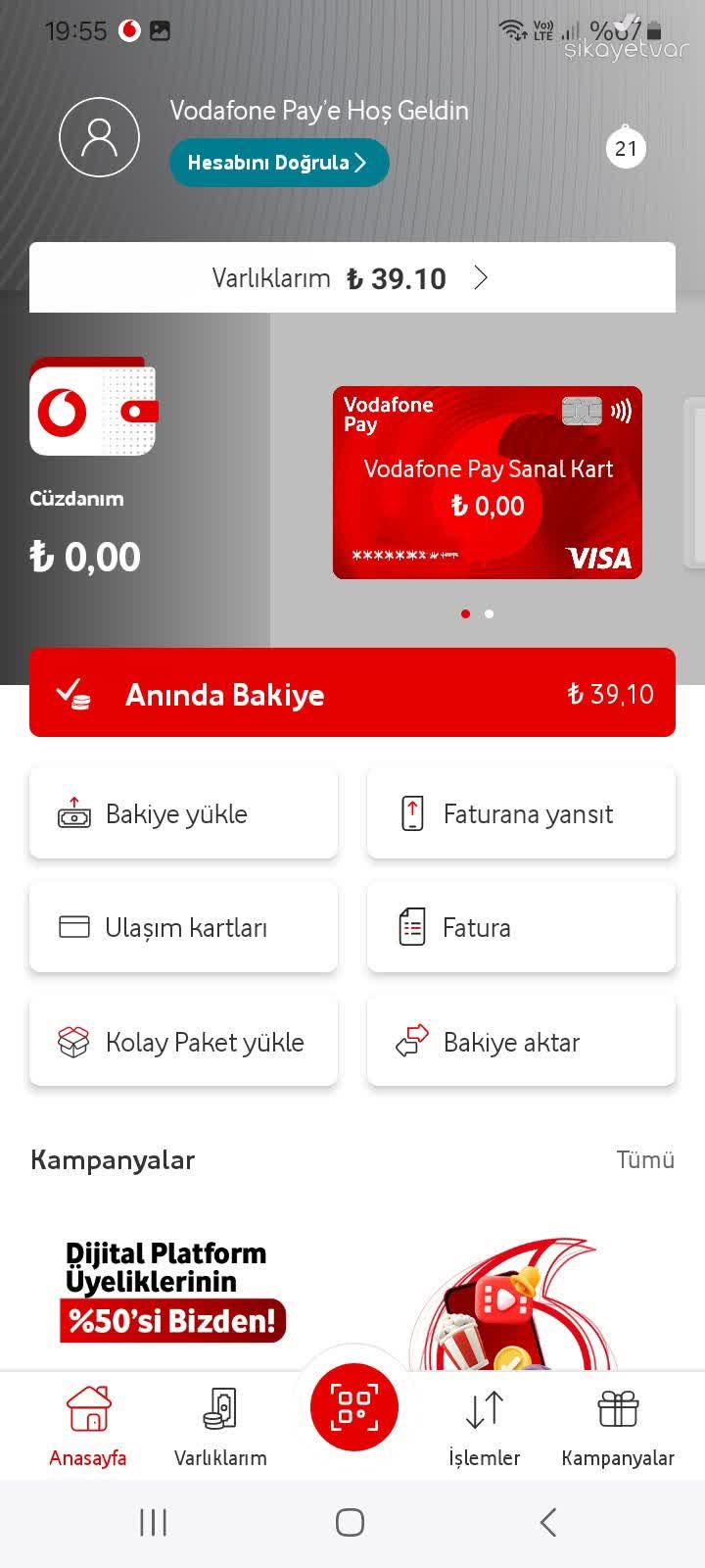 Vodafone Pay Faturama Yansıt Özelliğinde Bakiye Yükleme Sorunu - Şikayetvar