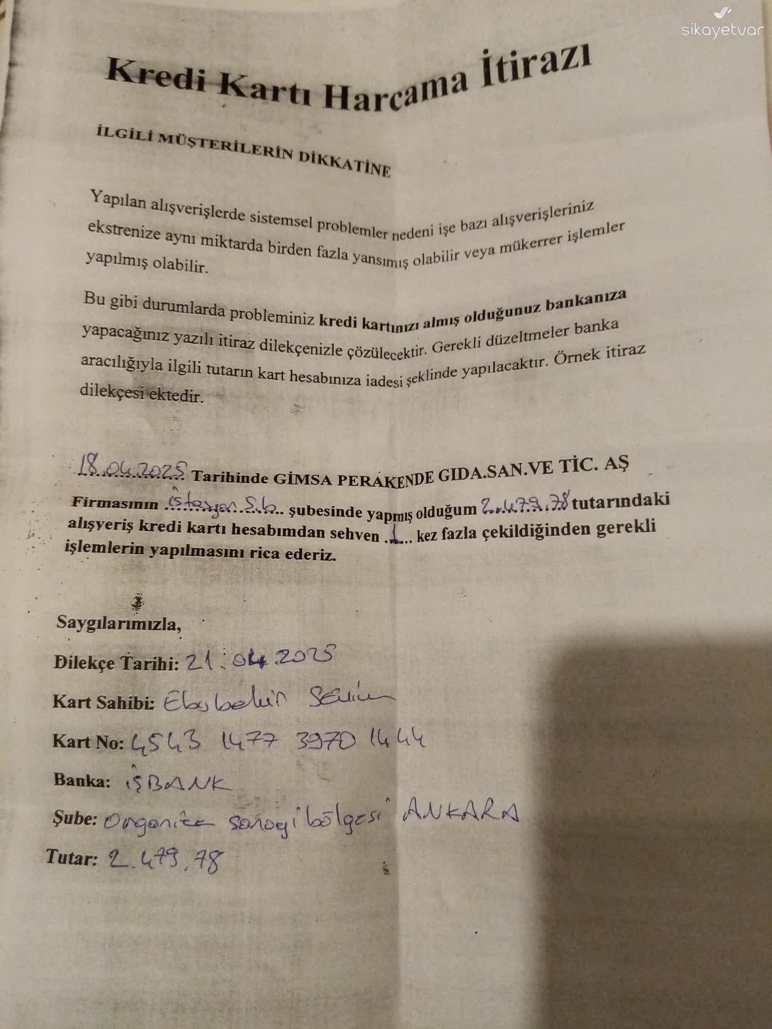 Gimsa Markette Çift Çekim Sonrası İlgisizlik Ve Para İadesi Sorunu ...