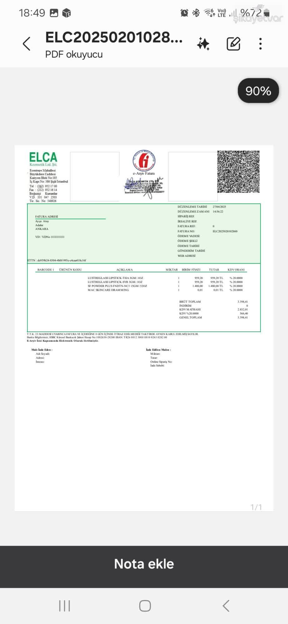 Elca Kozmetik Bilgim Dışında Gelen Fatura Ve Güvenlik Endişesi - Şikayetvar