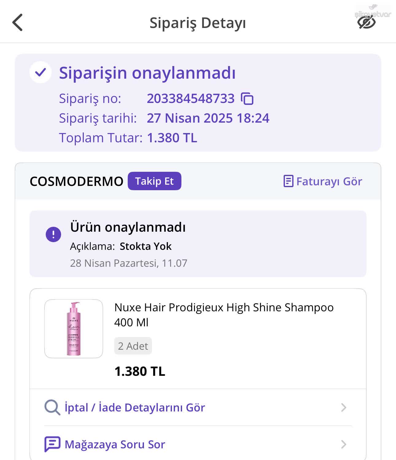 Cosmodermo Stokta Olmayan Ürünü Satışa Sunmak Müşteriyi Mağdur Ediyor - Şikayetvar
