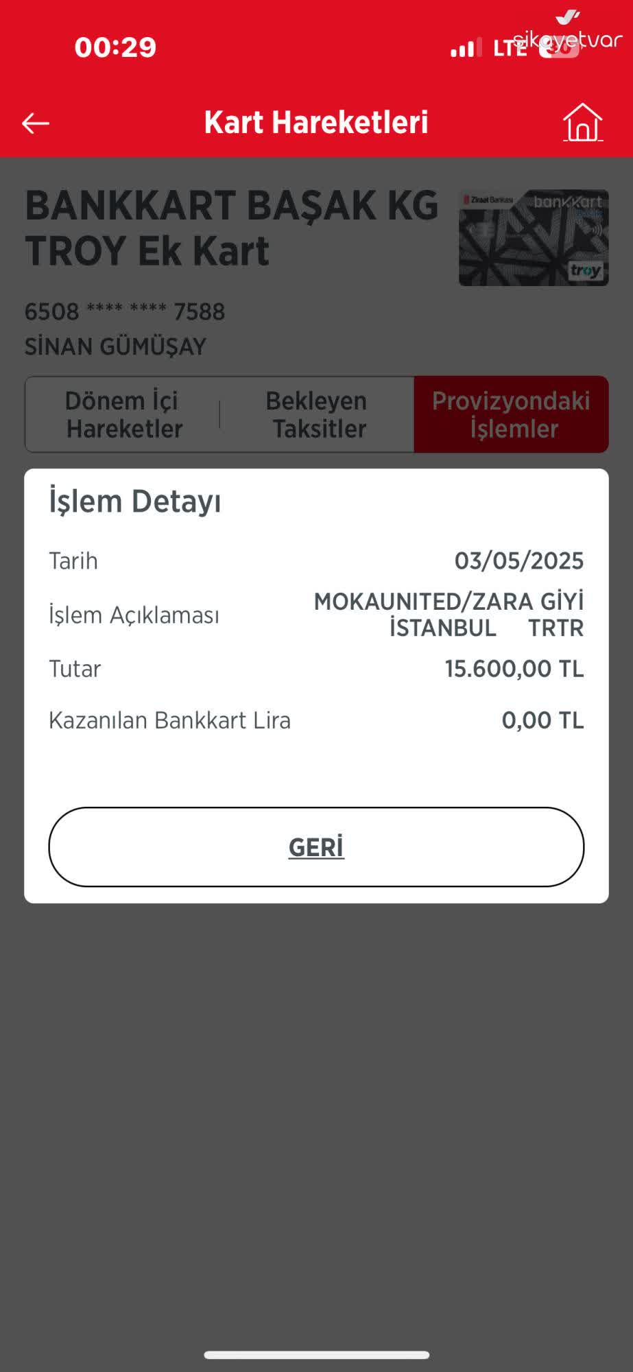 Moka United Ziraat Kartımdan İzinsiz 15600 TL İşlem Yapıldı Acil İptal İstiyorum - Şikayetvar