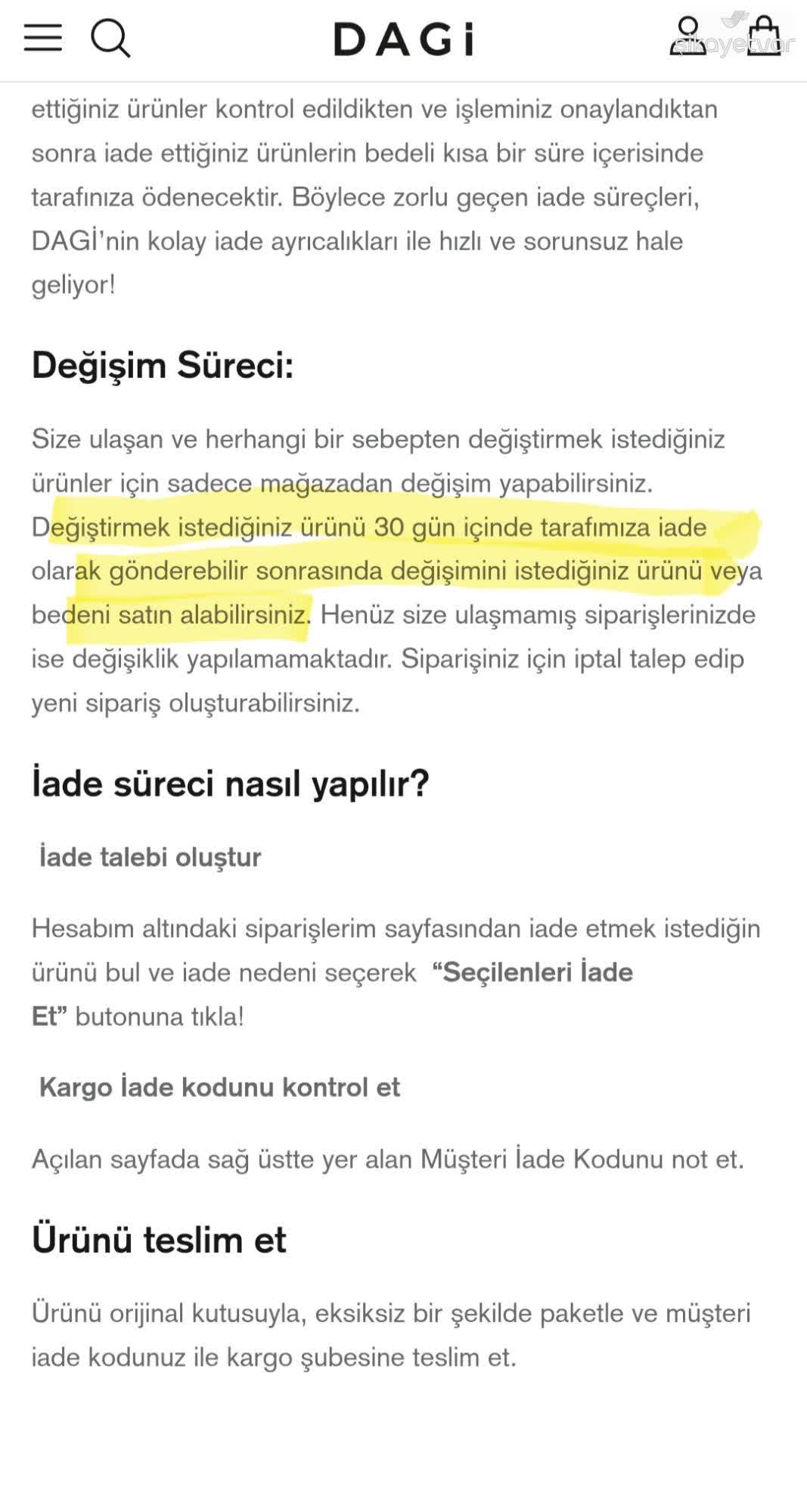 Dagi Online Satış Sitesinde Değişim Süresi Bilgisi Yanıltıcı - Şikayetvar