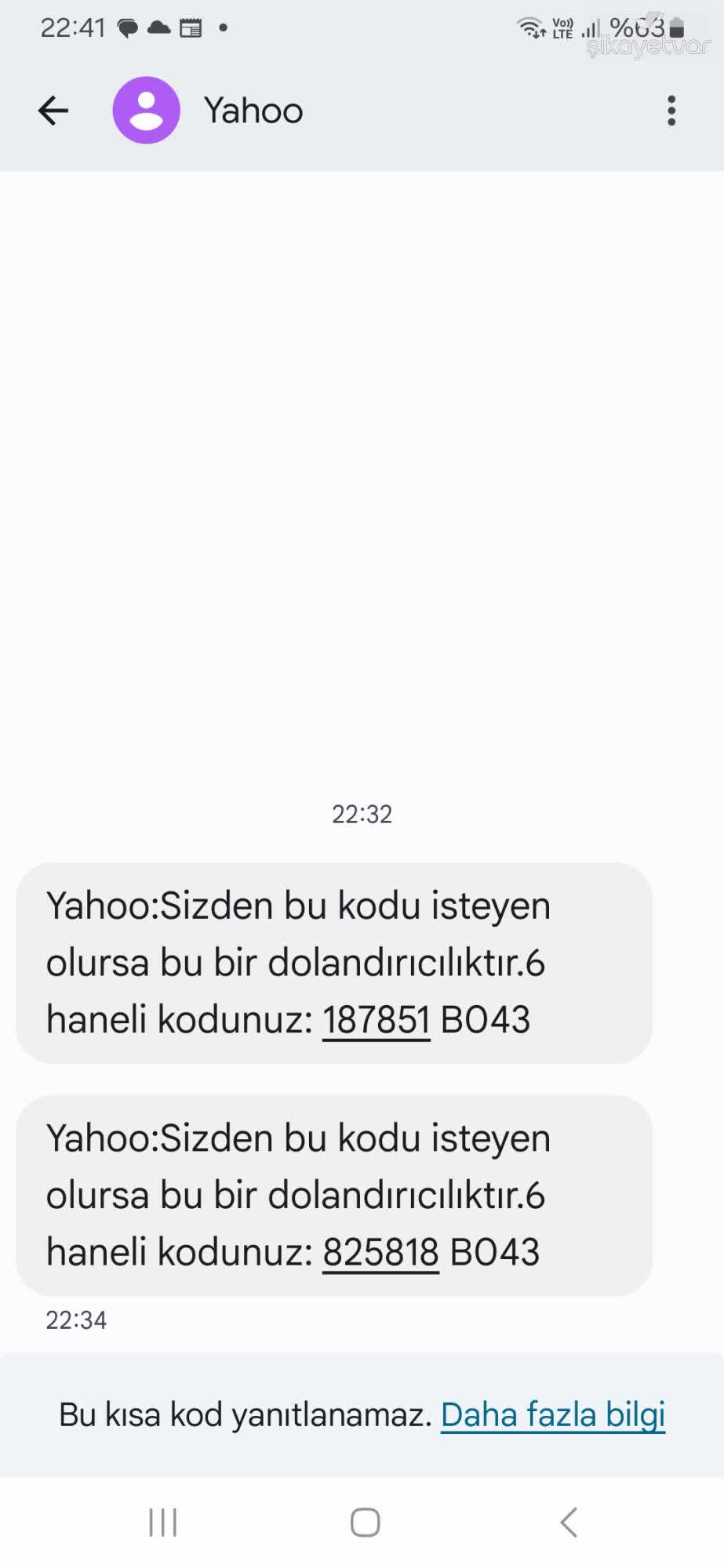 Yahoo Hesabım Yokken Doğrulama Kodu Mesajları Aldım - Şikayetvar