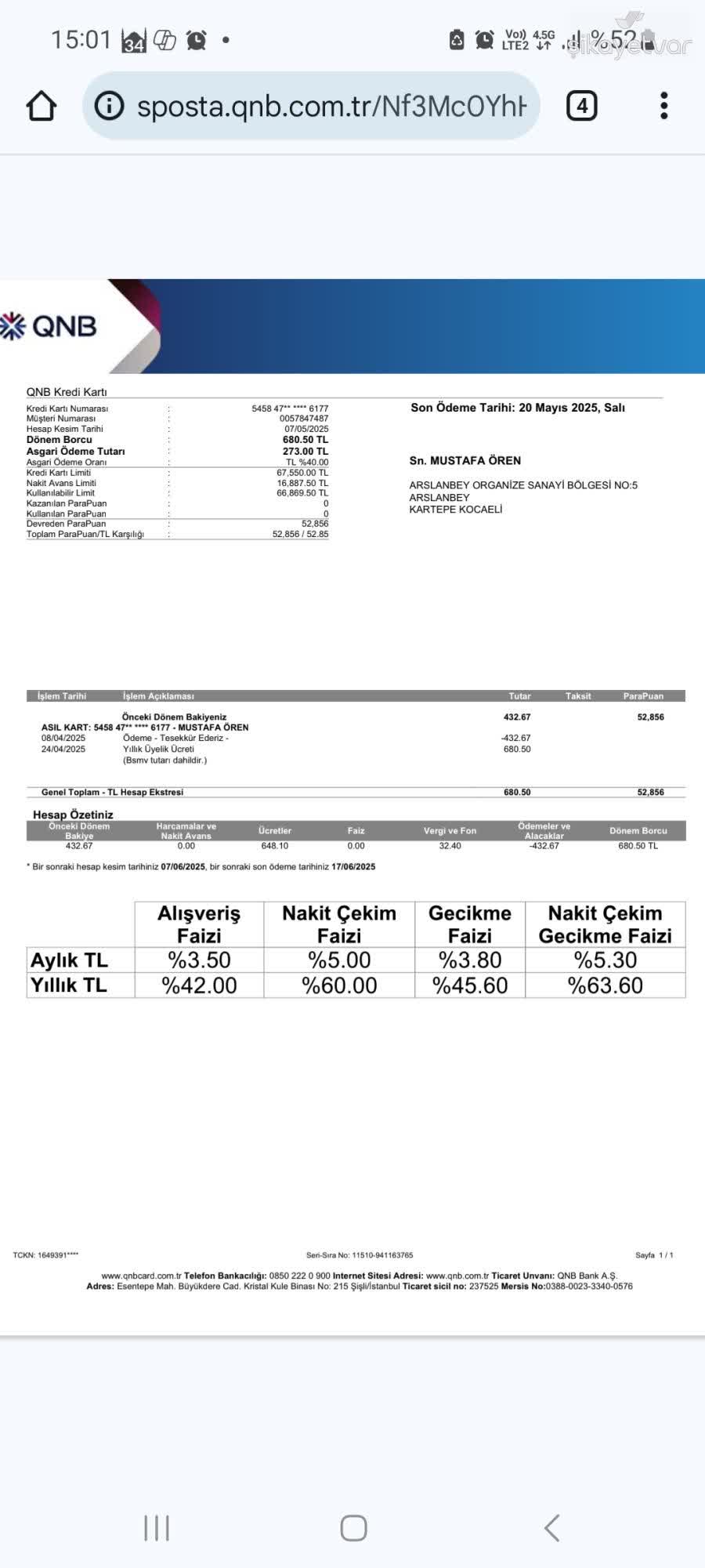 QNB Türkiye Kredi Kartıma İzinsiz Yıllık Aidat Yansıtıldı İadesini İstiyorum - Şikayetvar