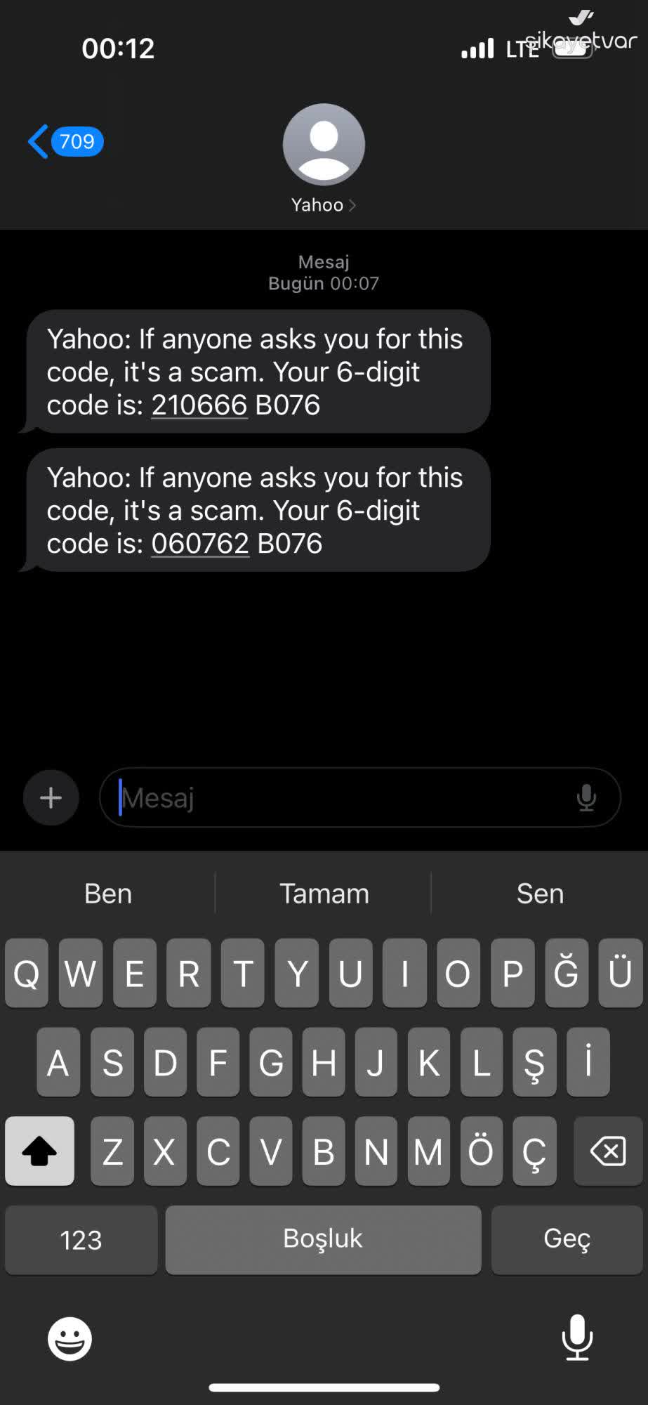 İzinsiz Gelen Yahoo Doğrulama Kodu Hakkında Endişe - Şikayetvar