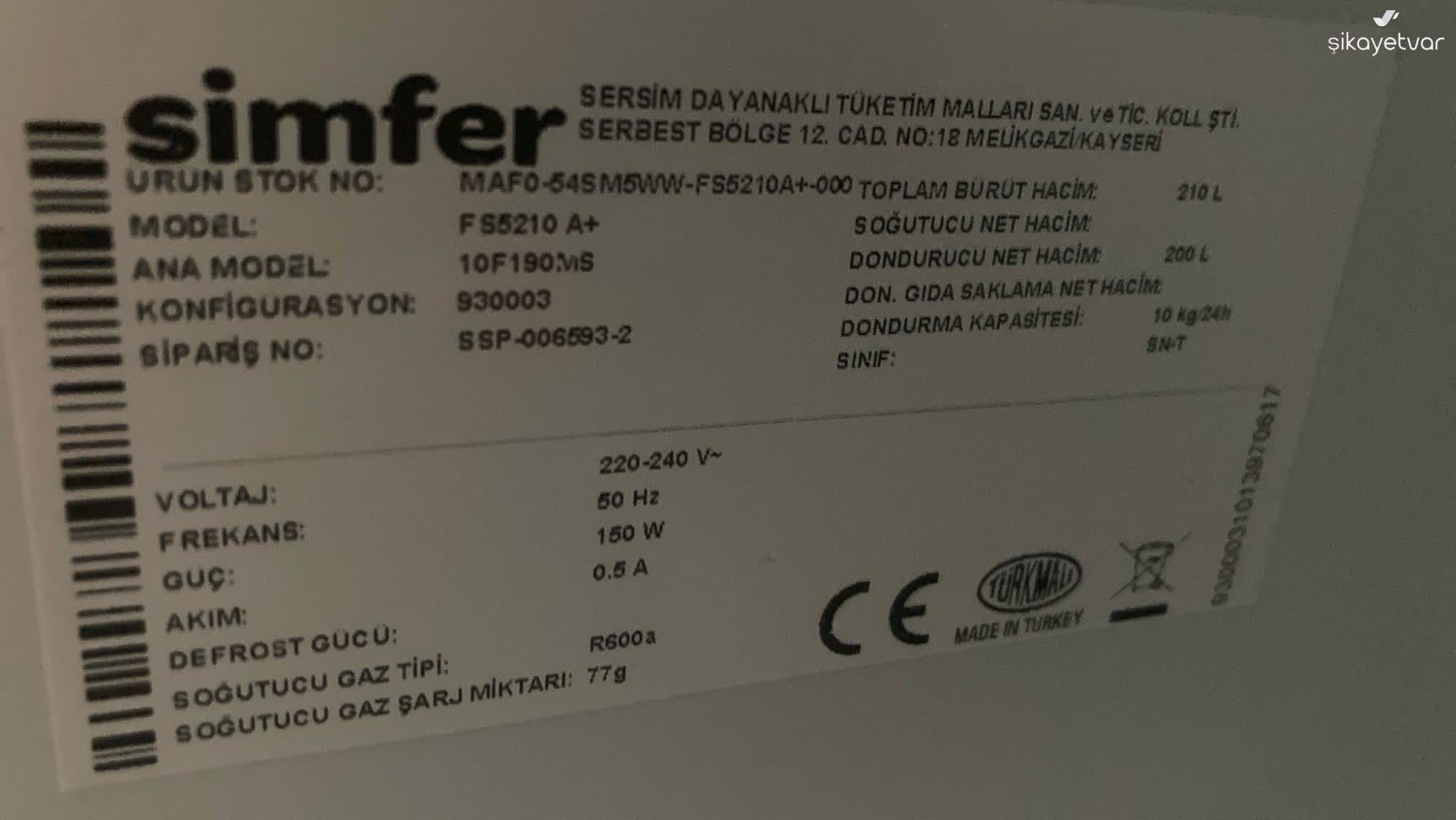 Simfer Derin Dondurucu Aniden Bozuldu, Tamir Edilemiyor - Şikayetvar