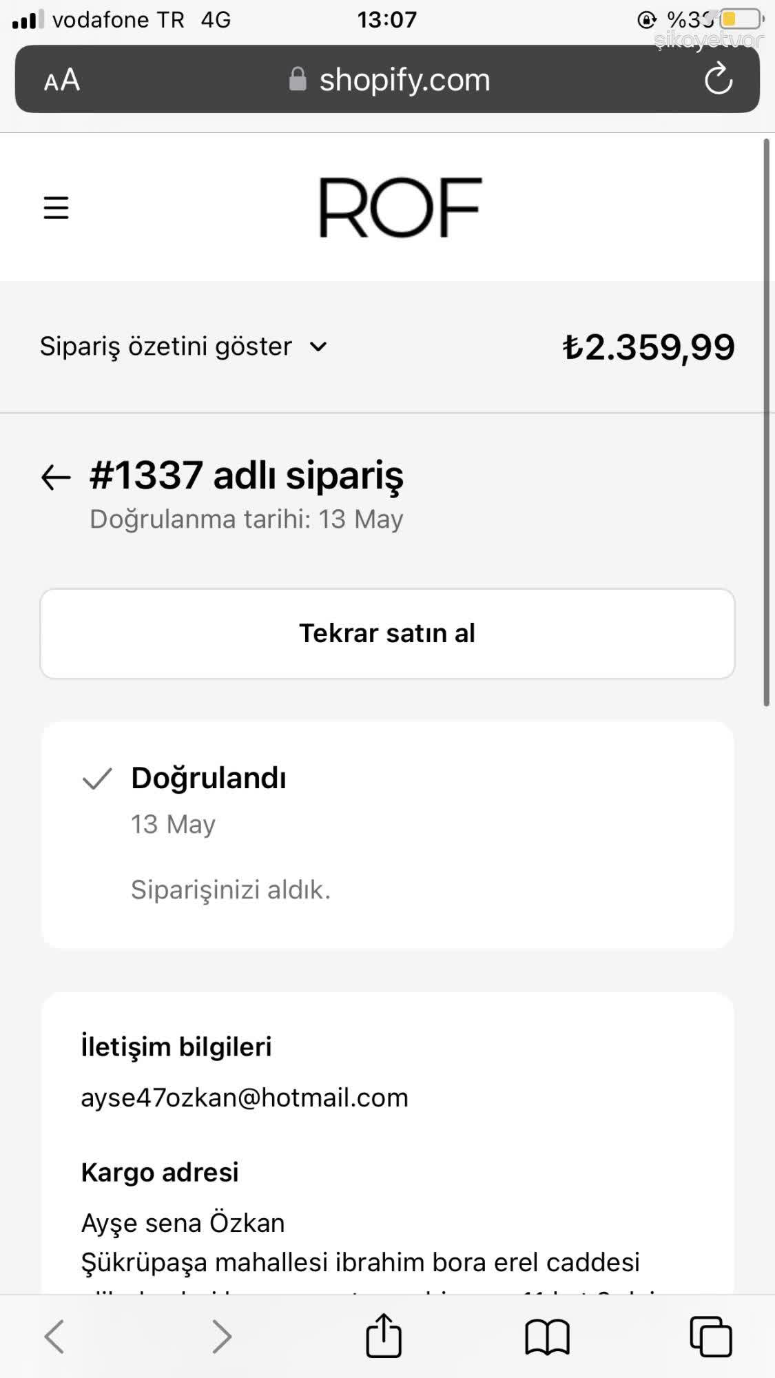 Rof Giyim Rof Giyimden Sipariş Sonrası Ulaşamama Ve Ödeme Sorunu ...
