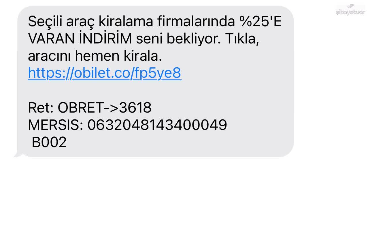 Obilet'ten İzinsiz Reklam Mesajları Ve Numara İptal Sorunu - Şikayetvar