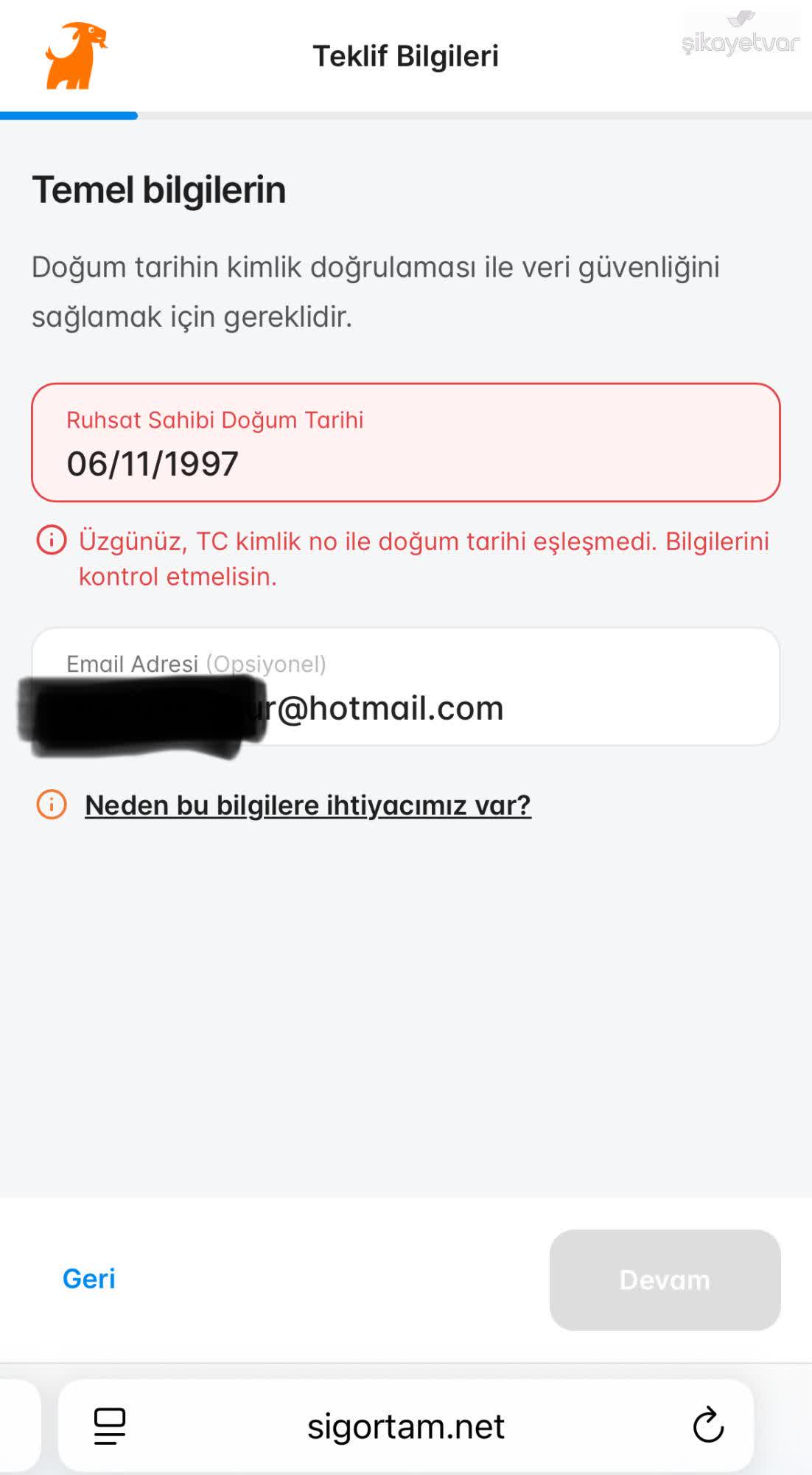 Sigortam.net Teklif Alırken TCKN Ve Doğum Tarihi Eşleşmeme Hatası ...